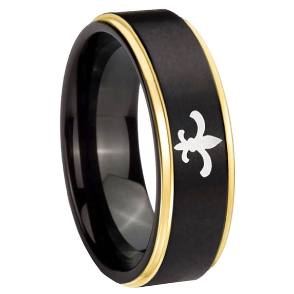 Fleur De Lis Step Edge Black And Gold Tungsten Promised Ring 10MM ...