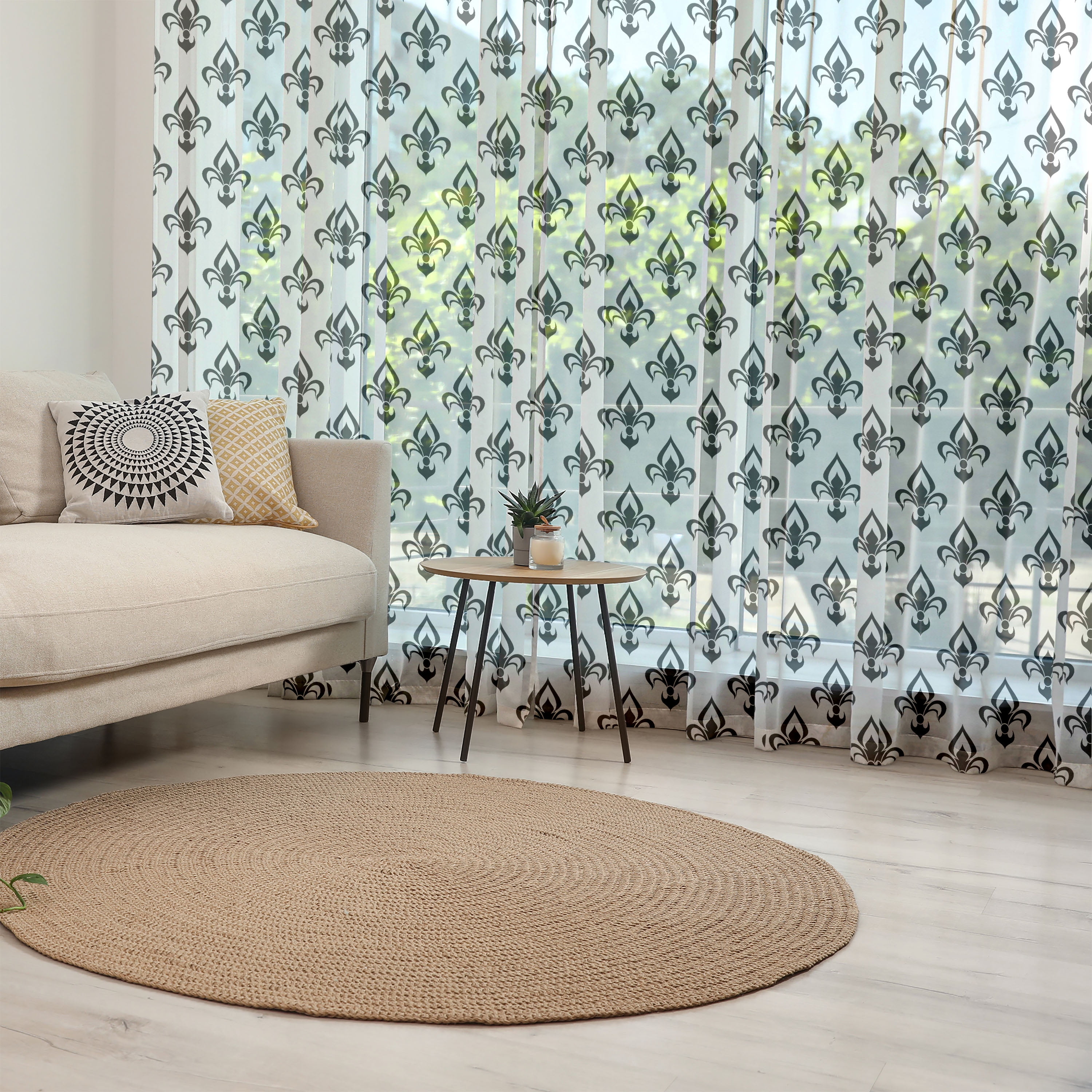 Fleur De Lis Tulle Curtains with Rod Pocket, Abstract Flower Pattern ...