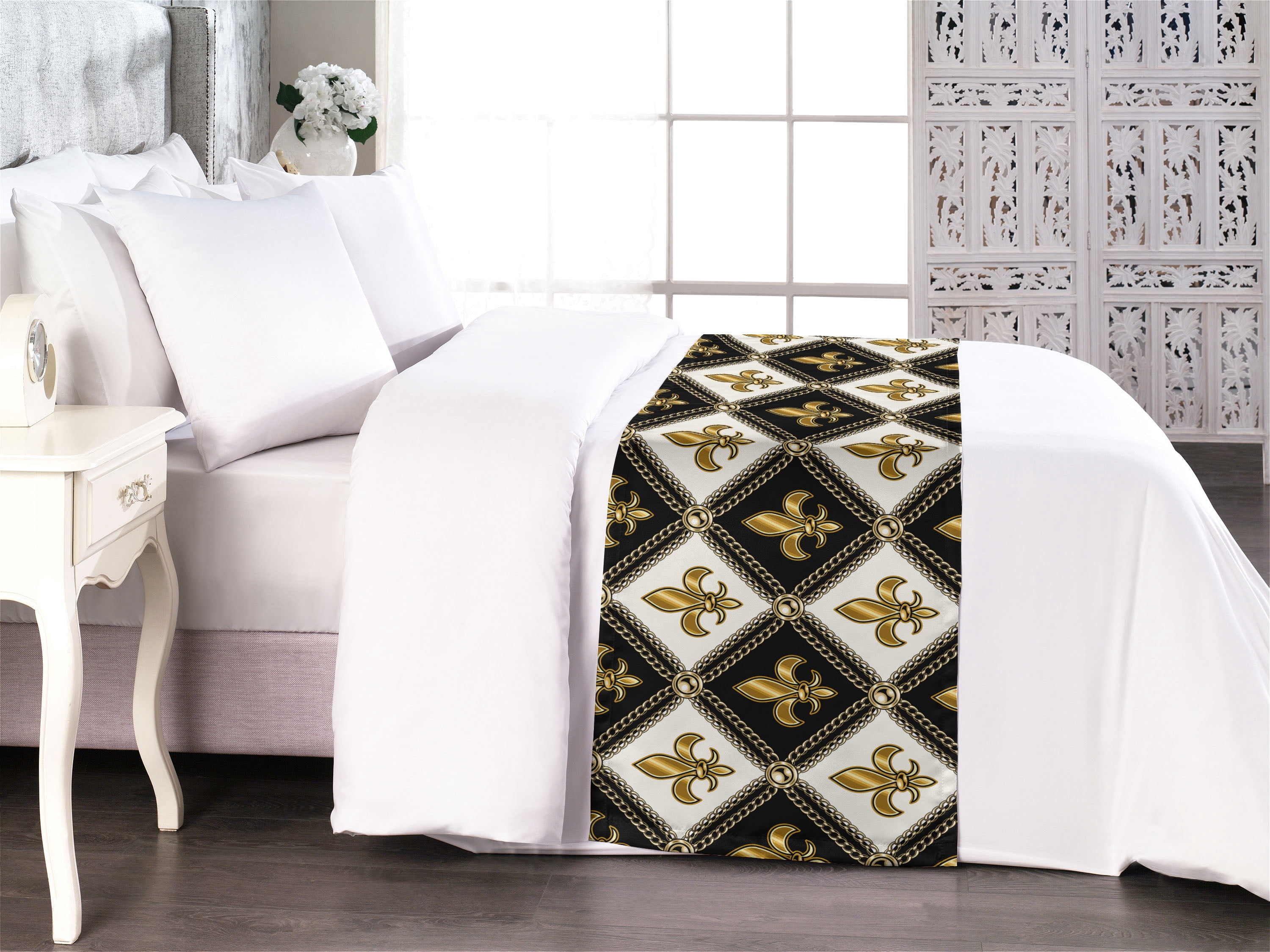Fleur de Lis Bed Runner, Royal French Lilies on Monochrome Diagonal ...
