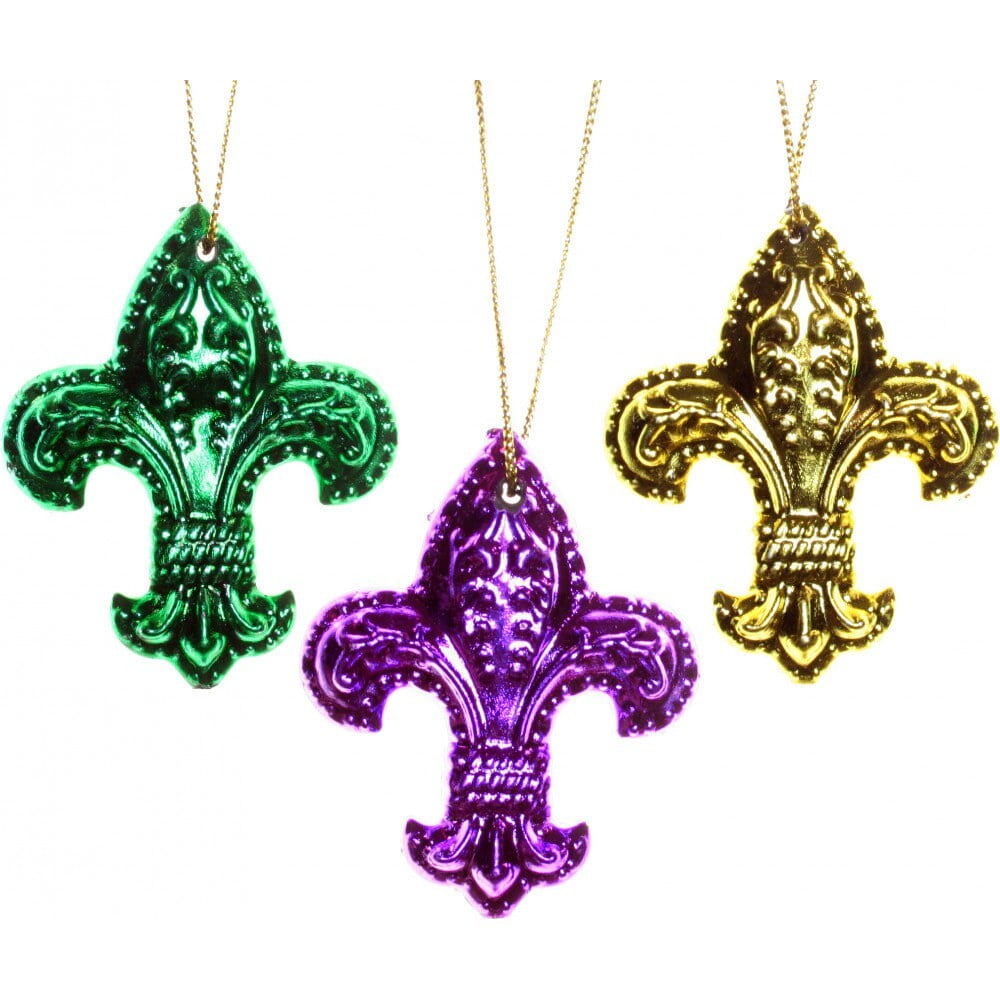 Fleur de Lis Mardi Gras Ornaments: 4" Set of (3) Purple Green Gold ...