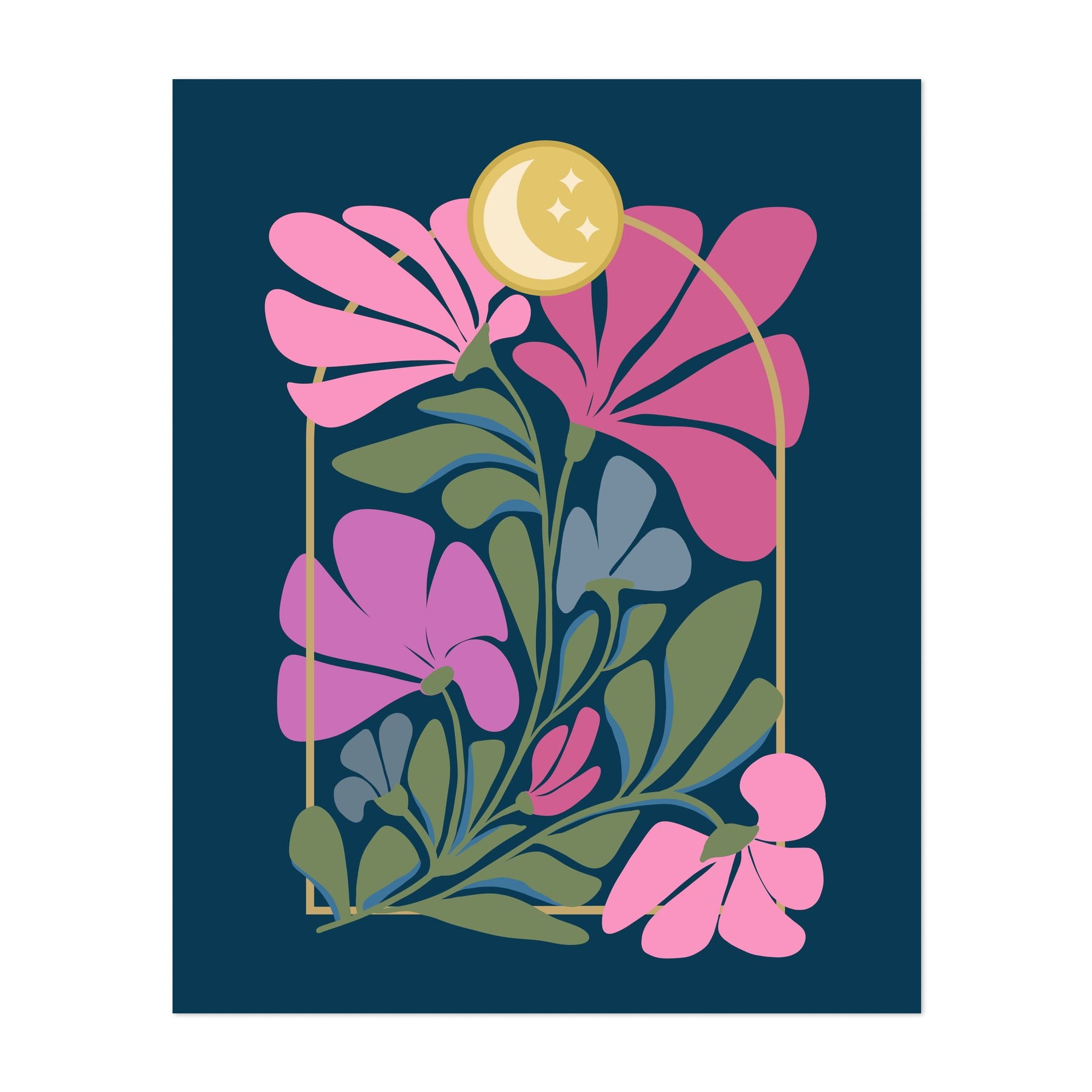 Fleurs de la Lune - Drawing Floral Abstract Flowers Modern Art Botanical Night Sky Moon Unframed ...