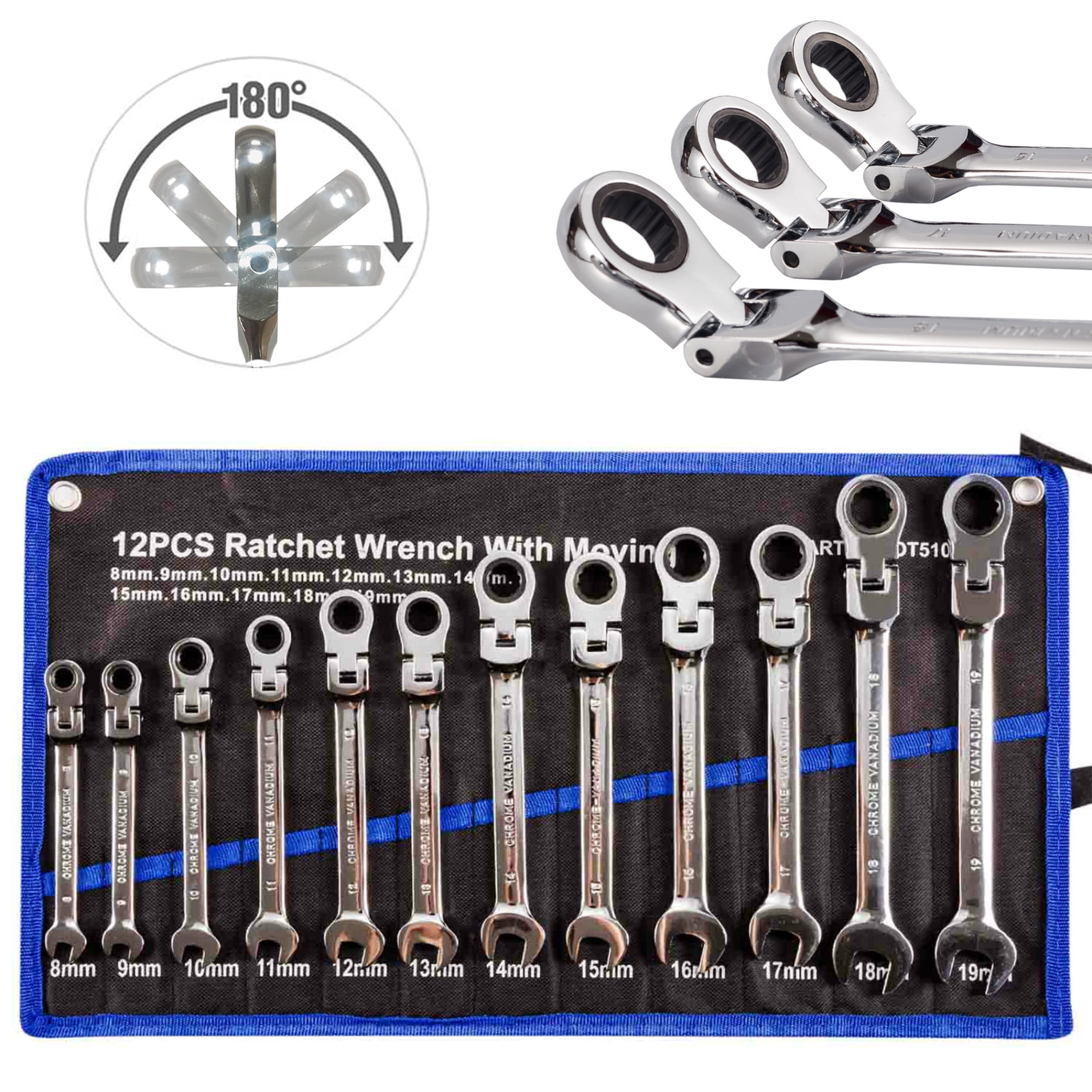 Flex Head Ratcheting Wrench Set 12 pcs Metric 8-19mm Cr-V Combination Wrench Sets 72 Tooth ...