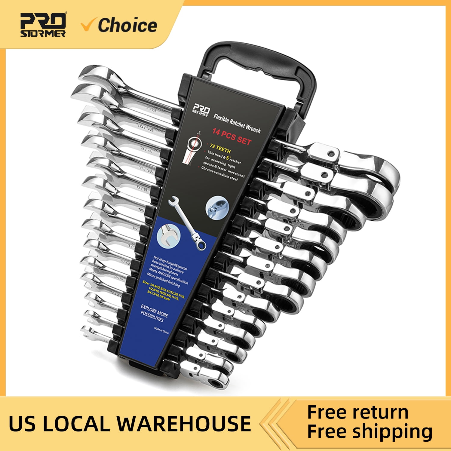Flex Head Ratcheting Wrench Set SAE1/4"-7/8"14-Piece Chrome Vanadium ...