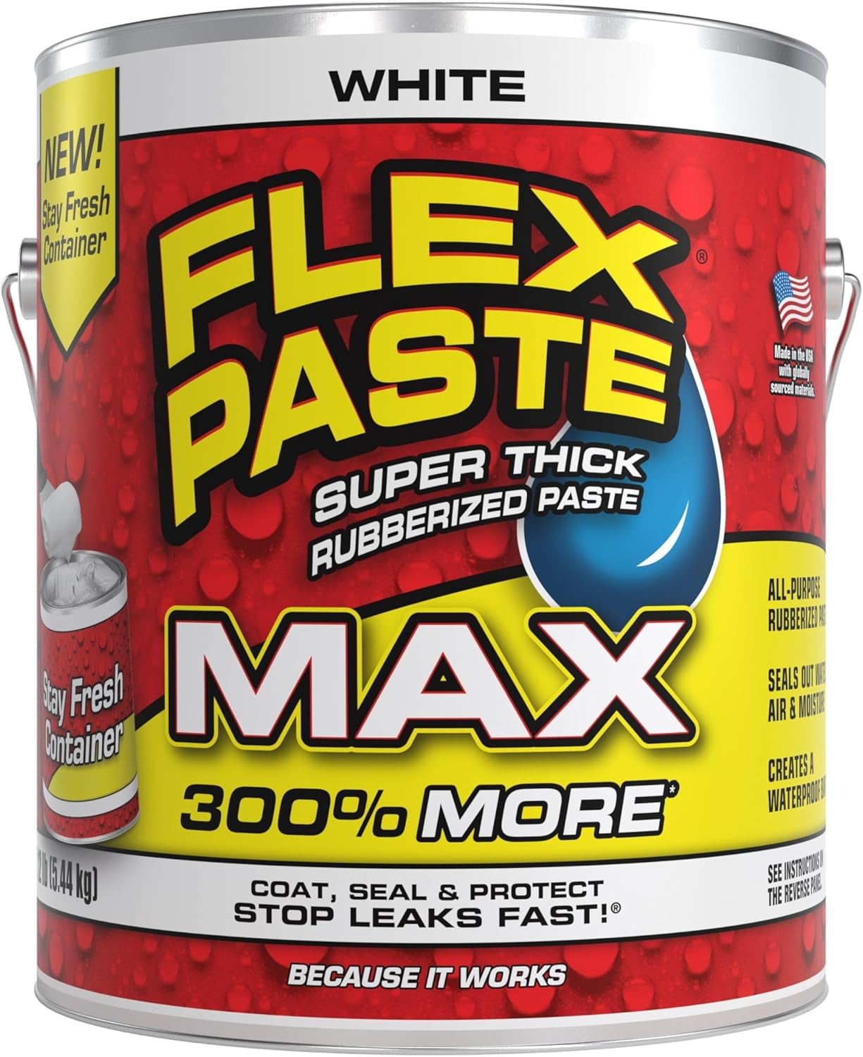 Flex Paste MAX, 12 lb Can, White, Waterproof Paintable Putty, Spackle Sealant, Fill Gaps Cracks ...