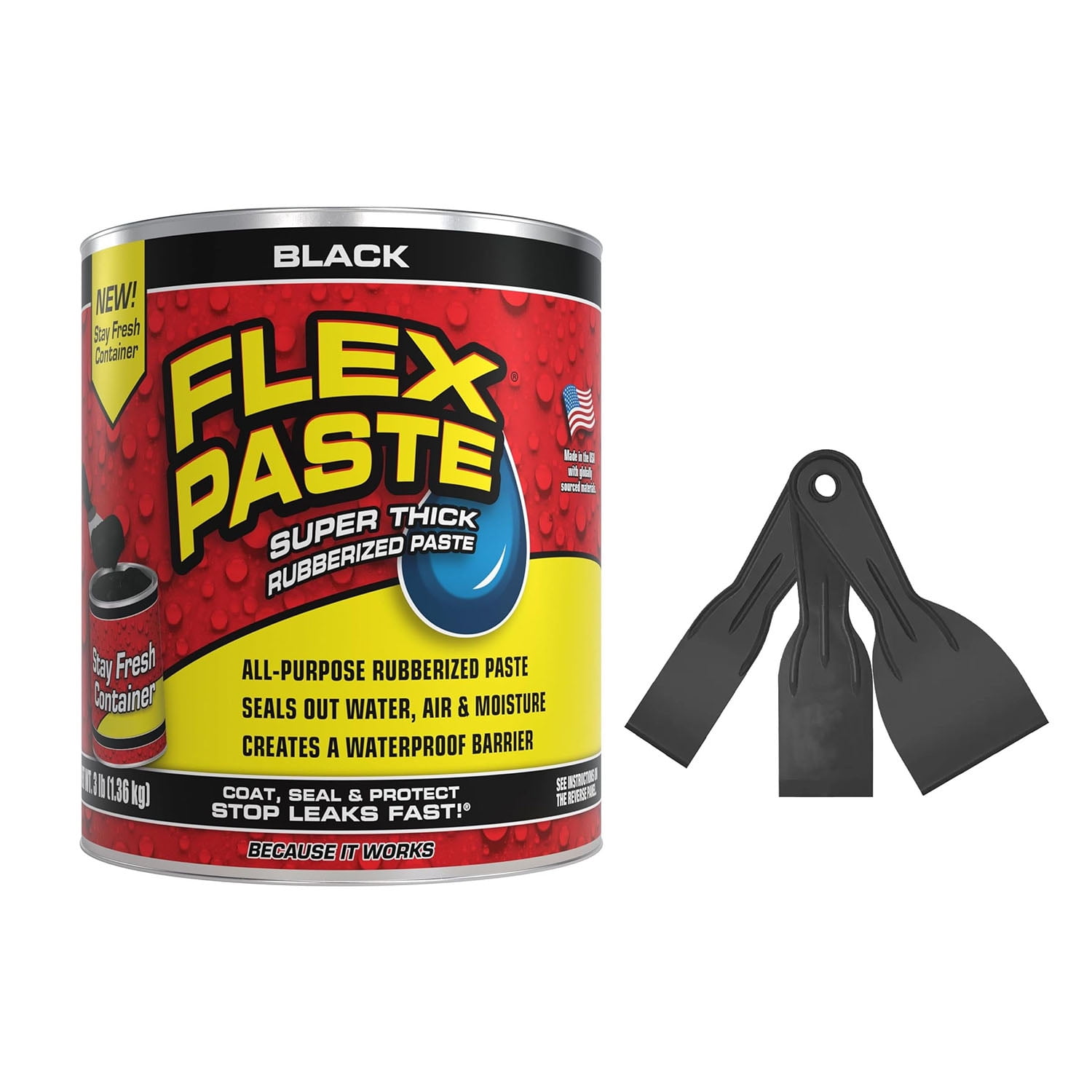Flex Seal Flex Paste 3lb Jar Black with 3 Pack Putty Knives (1.5", 2 ...