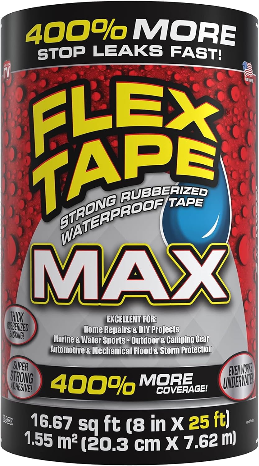 Flex Tape, MAX, 8 in x 25 ft, Black, Original Thick Flexible Rubberized ...