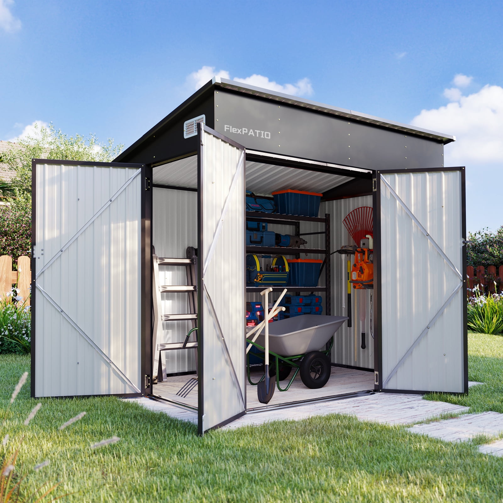 FlexPATIO 4' x 7.5' Shed Outdoor Storage Shed with Triple Lockable Door ...