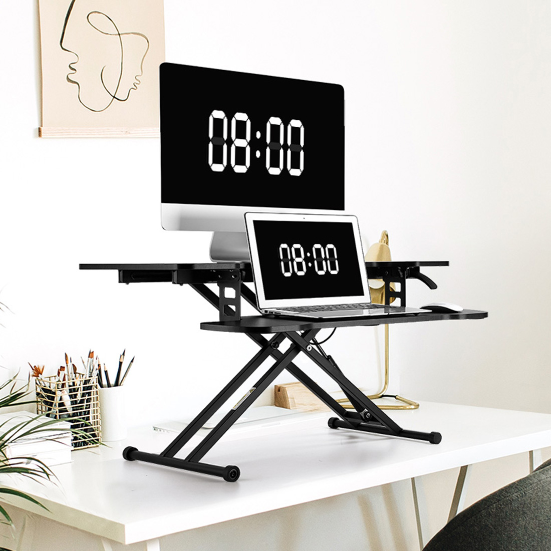 FLEXISPOT Home Office Height Adjustable Standing Desk Converter Black 35" U-Shape with Keyboard ...