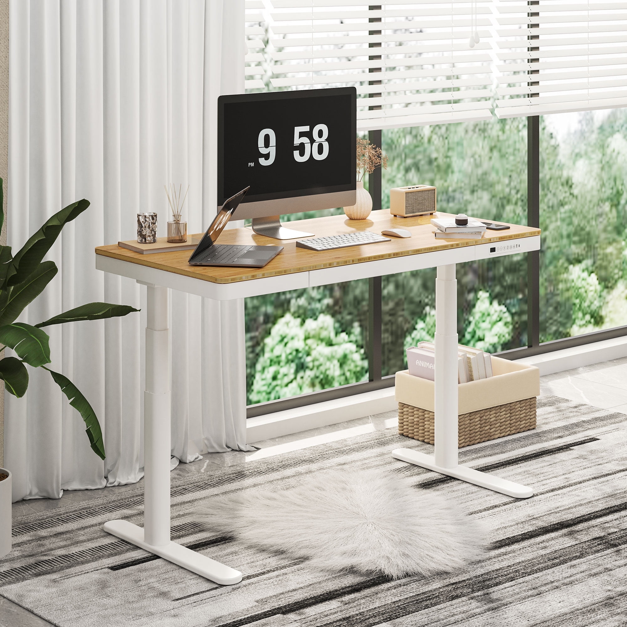 "FlexiSpot 55""x28"" Electric Bamboo Desk with Wireless Charger, Adjustable Height, USB Ports ...