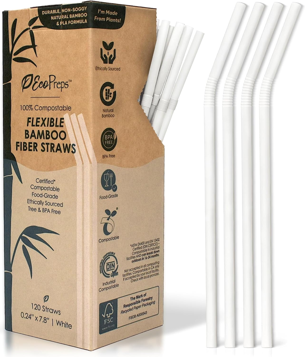 Flexible Biodegradable Bamboo Fiber Straws, 120 Count | 100% ...