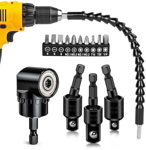 Flexible Drill Bit Extension Right Angle Drill Attachment Set, 360° Rotatable 1/4 3/8 1/2 ...