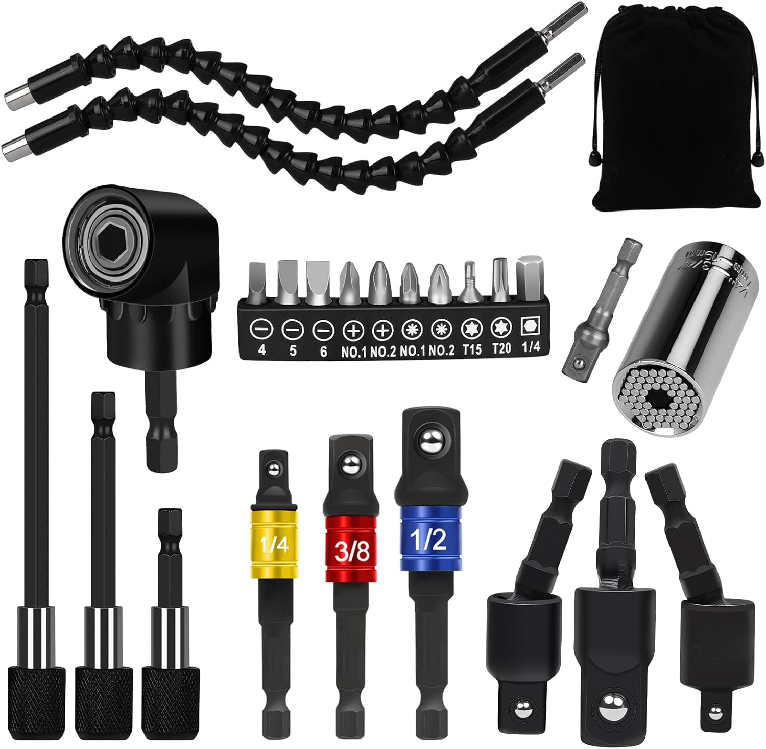 Flexible Drill Bit Extension Set, 105° Right Angle Drill Attachmen, Rotatable Joint Socket 1/4 3 ...