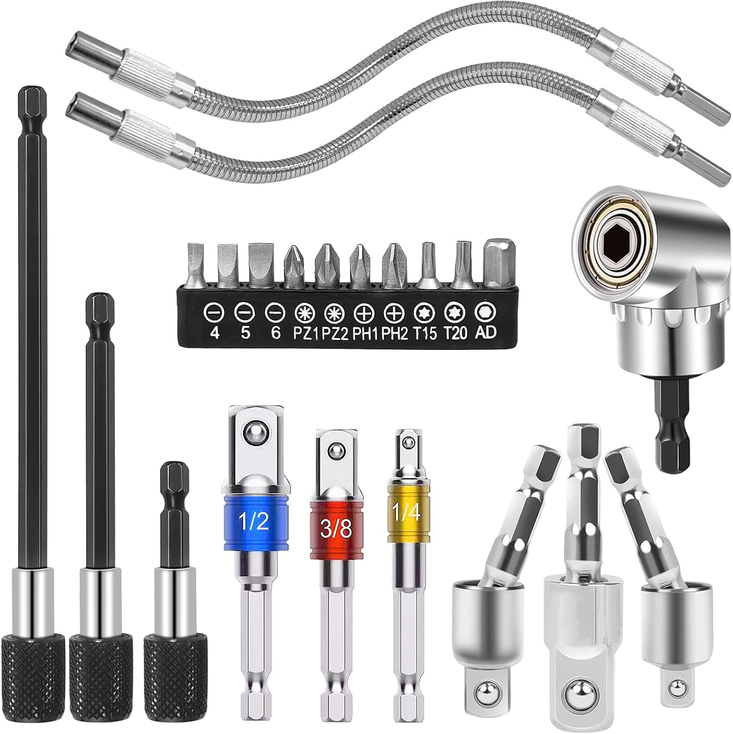 Flexible Drill Bit Extension Set - 105° Right Angle Drill Attachment, Hex Socket Adapters ...