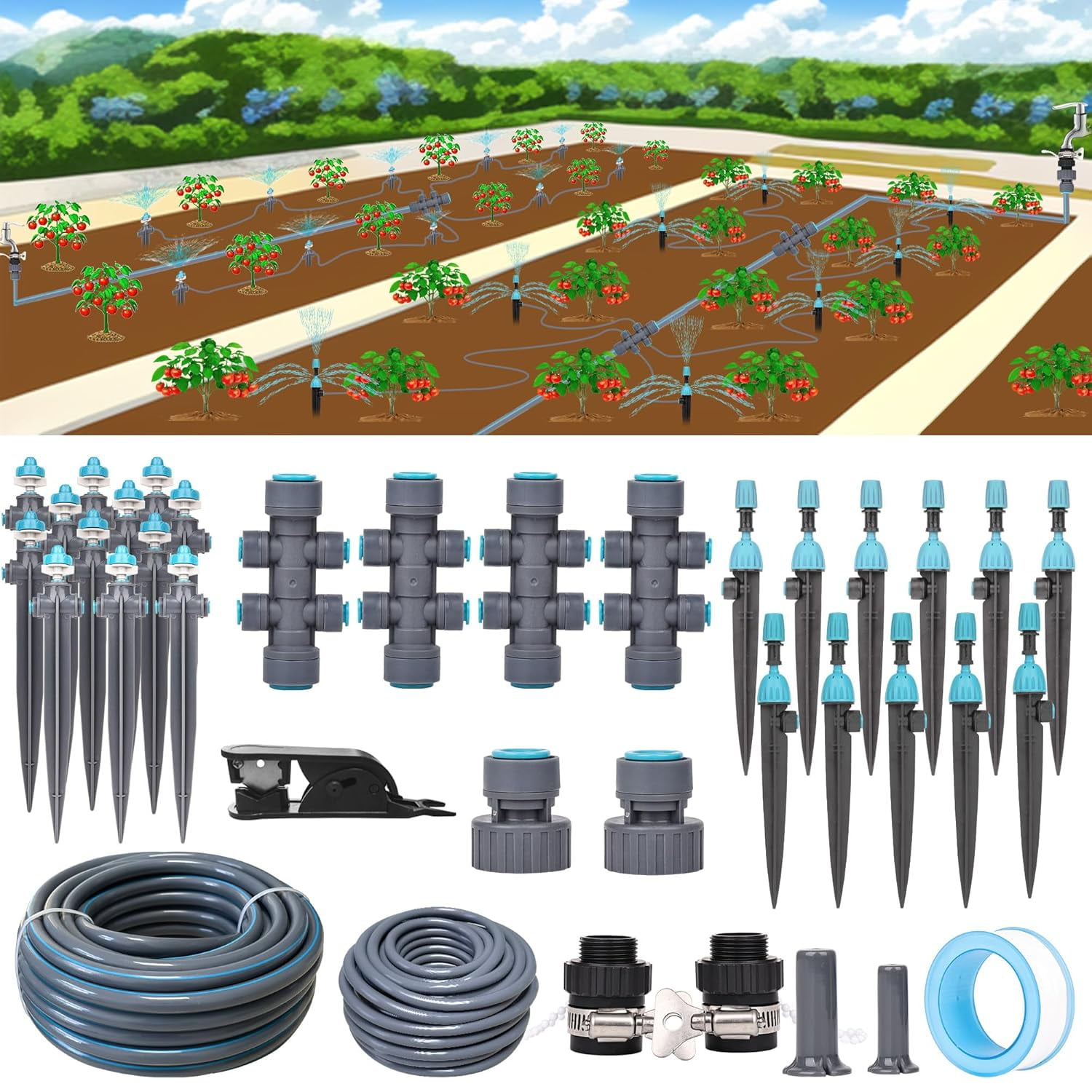 Flexible Drip Irrigation Kit with Dual Faucet Connectors, 12 Dual-Fog ...