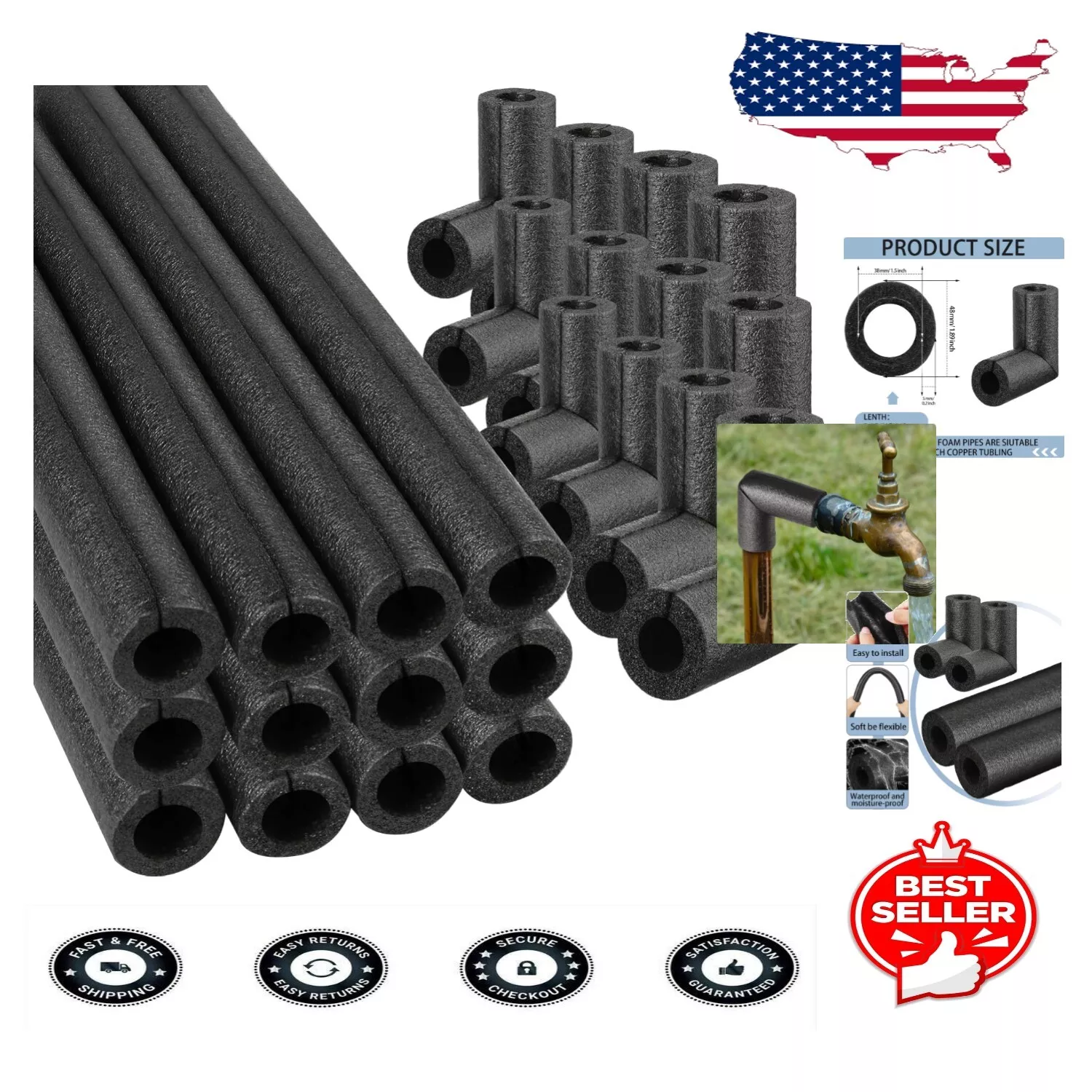 Flexible Outdoor Pipe Insulation - 1.5 Inch Foam Wrap with Elbow Covers ...