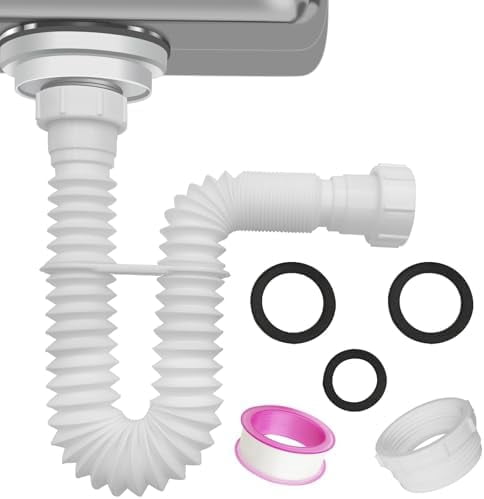 Flexible P-Trap 1-1/2""with 1-1/4"" Adapter, Adjustable Sink Drain Pipe ...