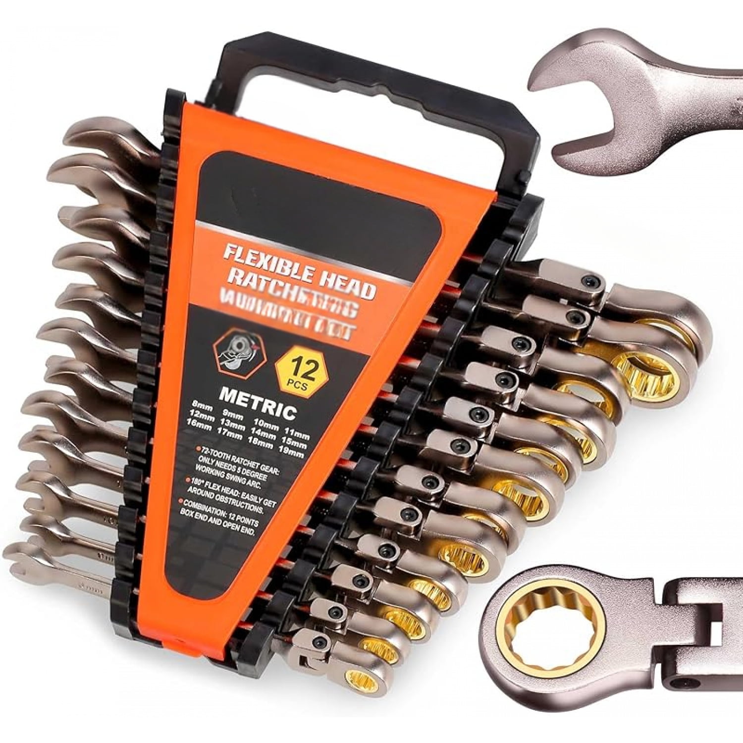 Flexible Ratcheting Wrench Set 12pcs Metric 8-19mm Flex-Head Spanner ...