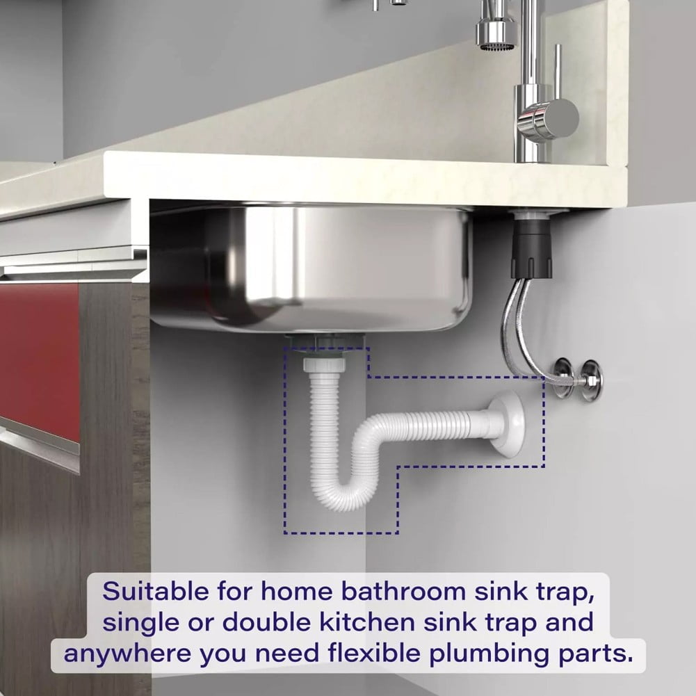 Flexible Sink Drain Pipe 1-1/2" & 1-1/4" Garbage Disposal P-trap with ...