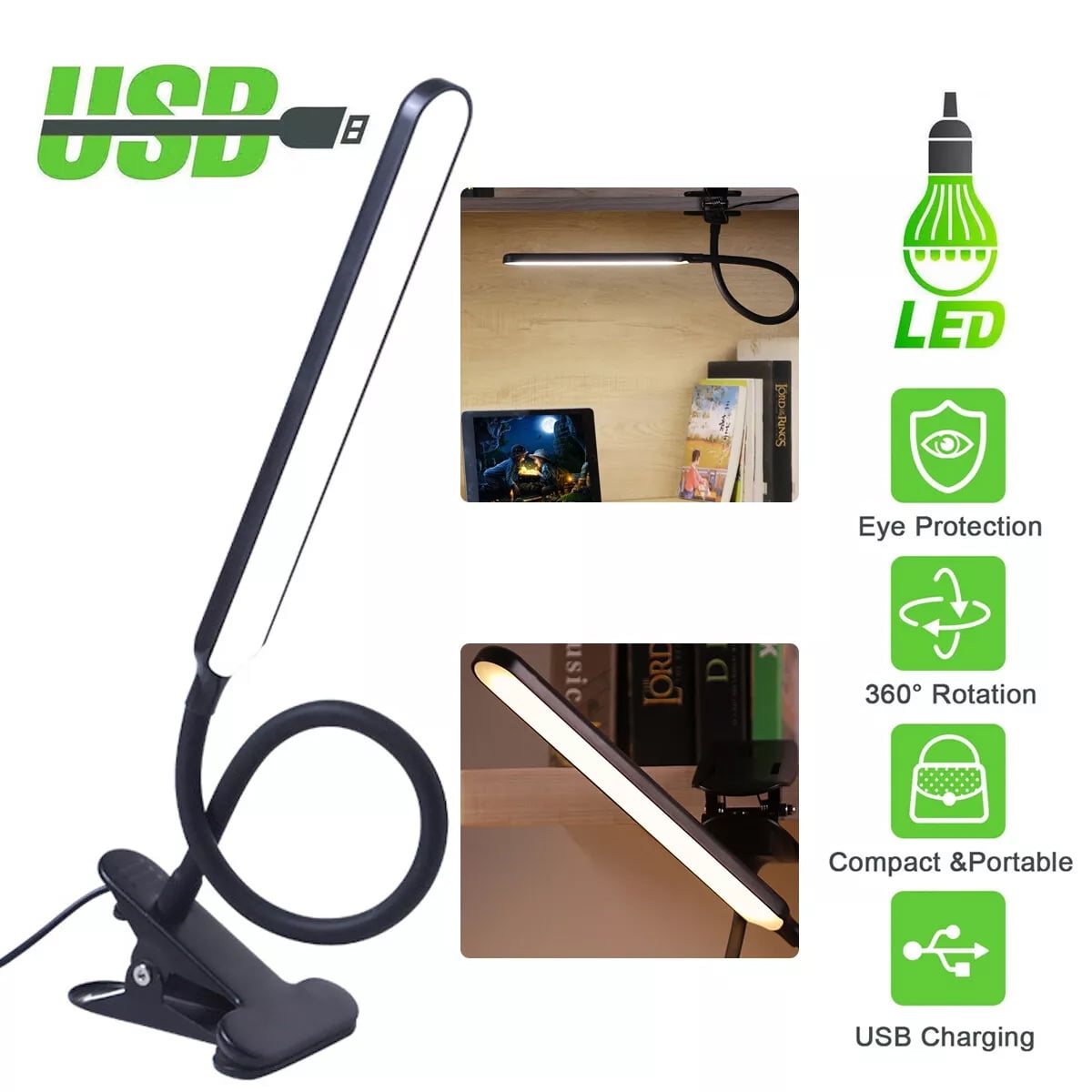 Flexible USB Clip-on Table Lamp LED Clamp Reading/Study/Bed/Laptop/Desk ...