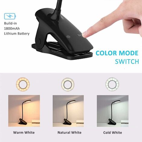 Flexible rechargeable LED clip desk lamp, 3 colors and 3 brightnesses ...