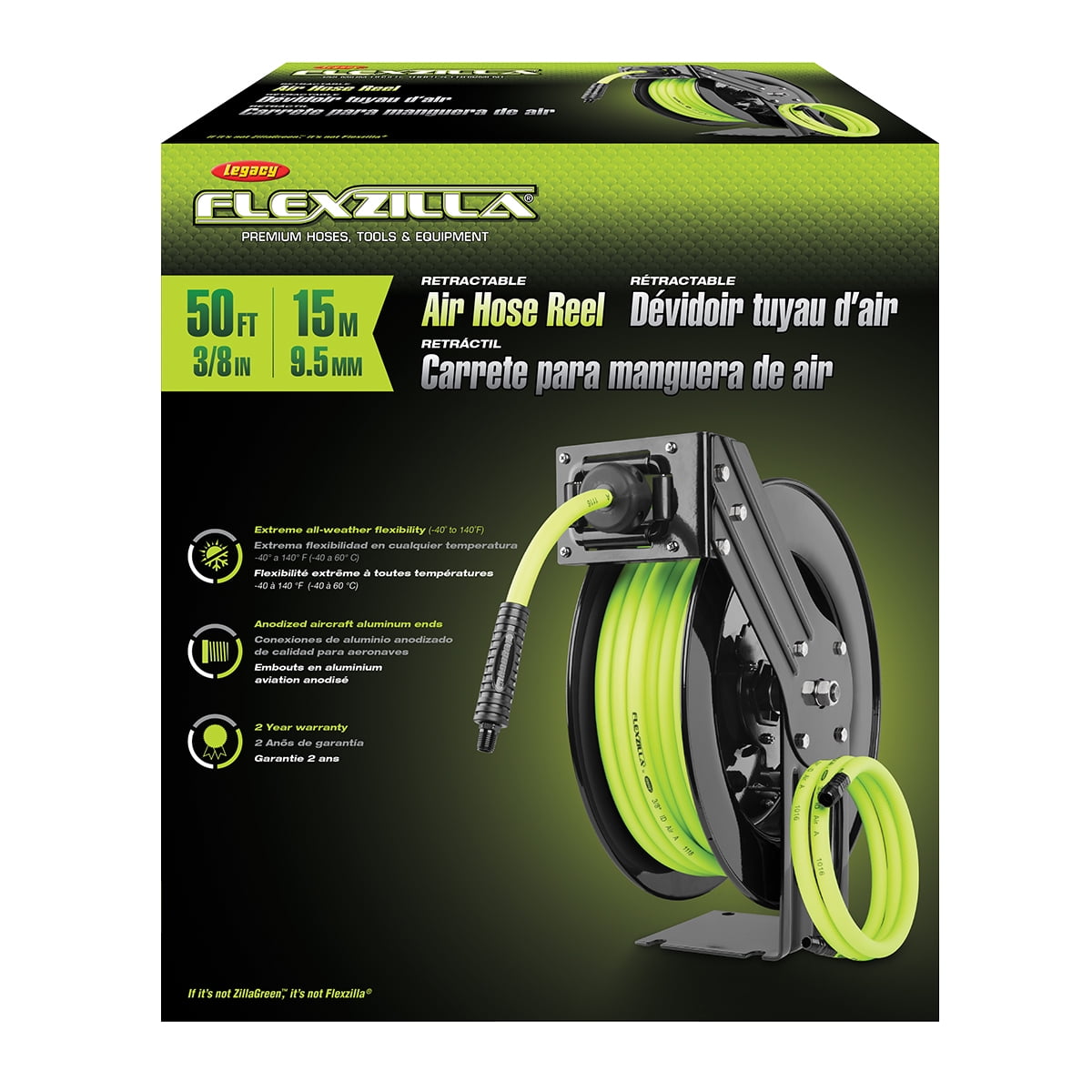 Flexzilla® Retractable Air Hose Reel, Open Face, Single Axle Arm, 3/8" x 50', ZillaGreen ...