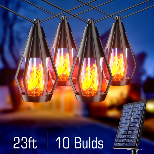 PHOPOLLO 23Ft Solar Outdoor String Lights，LED Flickering Flame String Lights 10 Decorative Cafe ...