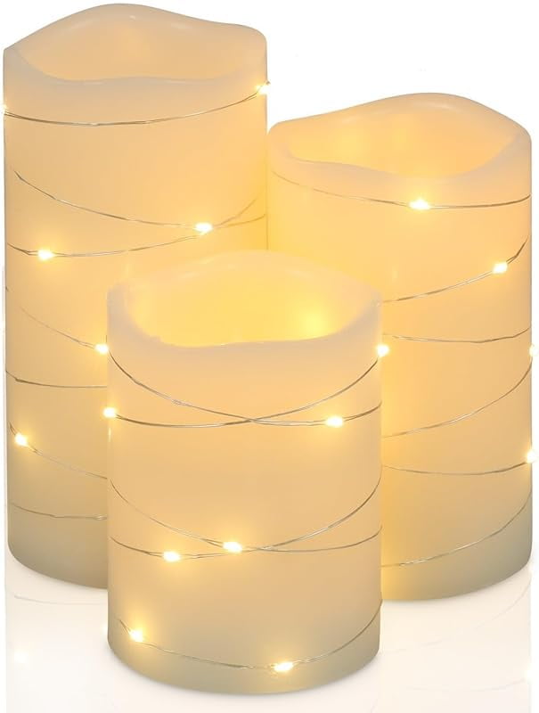 Flickering Flameless Candles Ivory Real Wax Pillar with Embedded String ...