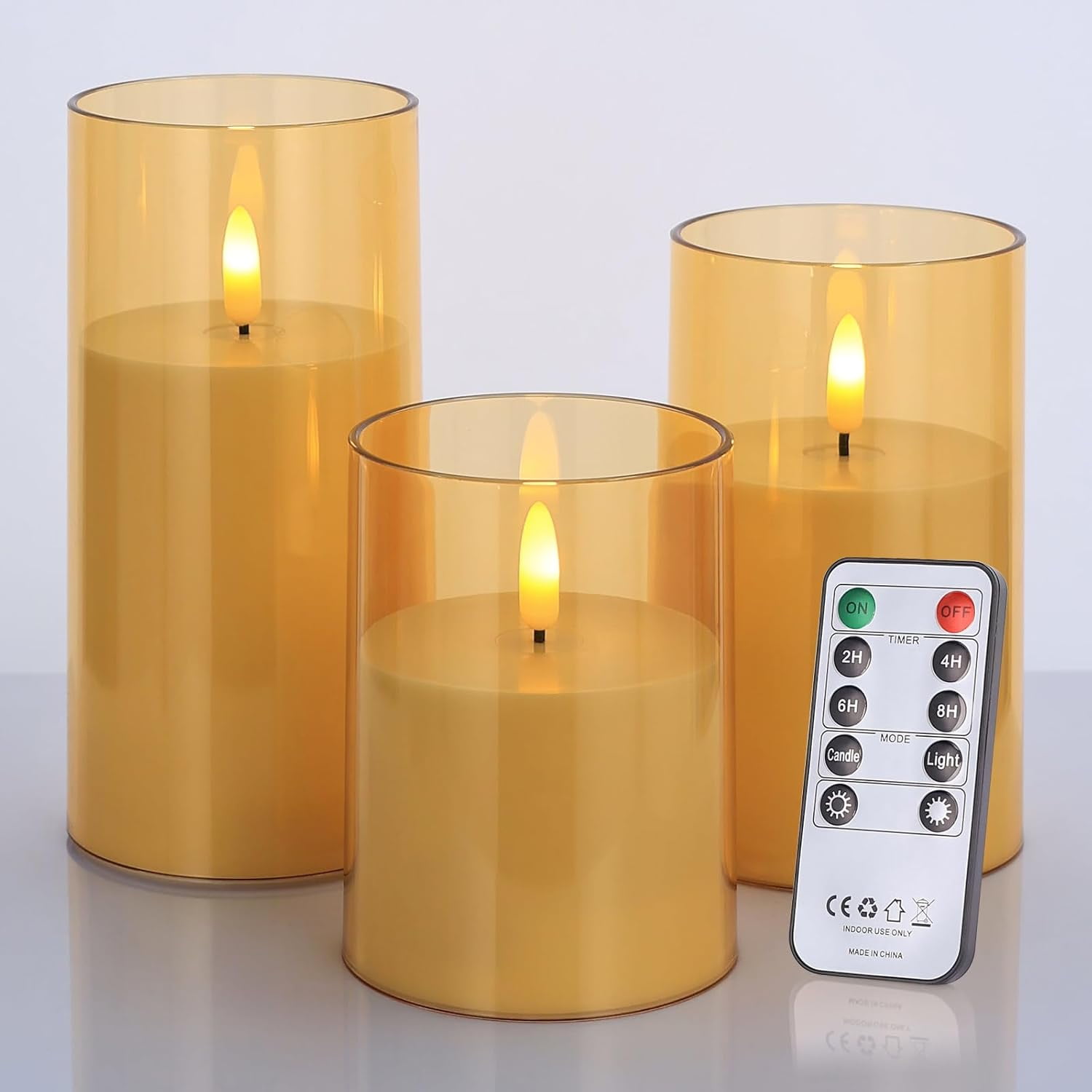 Flickering Flameless Candles with Remote, Amber Acrylic Battery ...