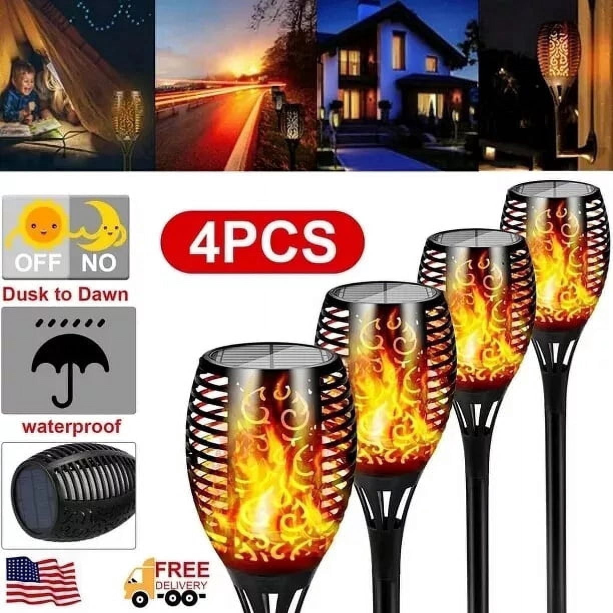 Havenhomer Flickering Solar Tiki Torch Lights, 4 Pack, Blue LED Flame ...
