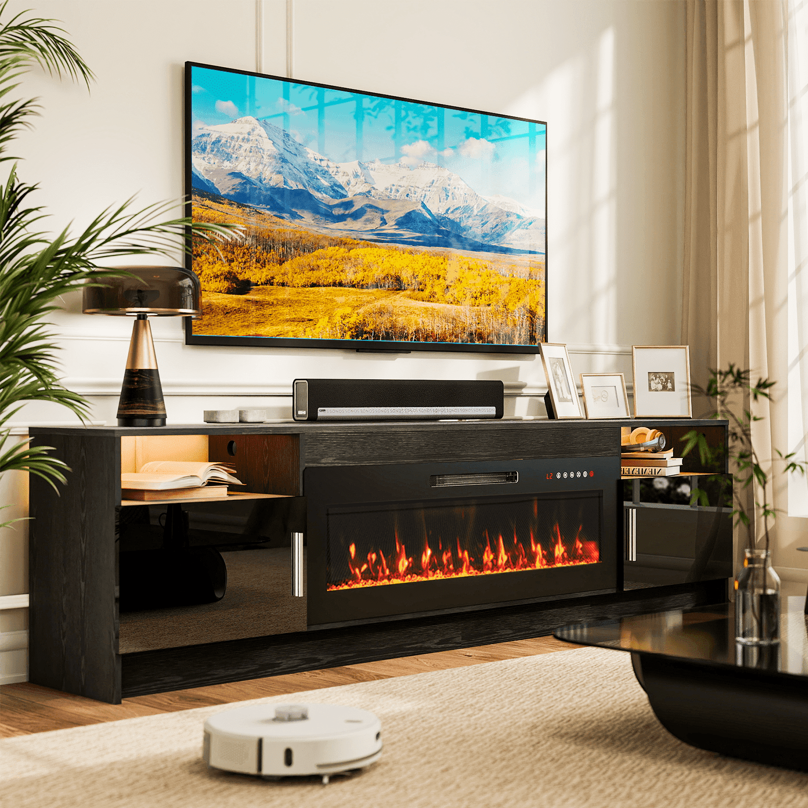 Flictozena 80" TV Stand with Fireplace and LED Lights - Entertainment ...