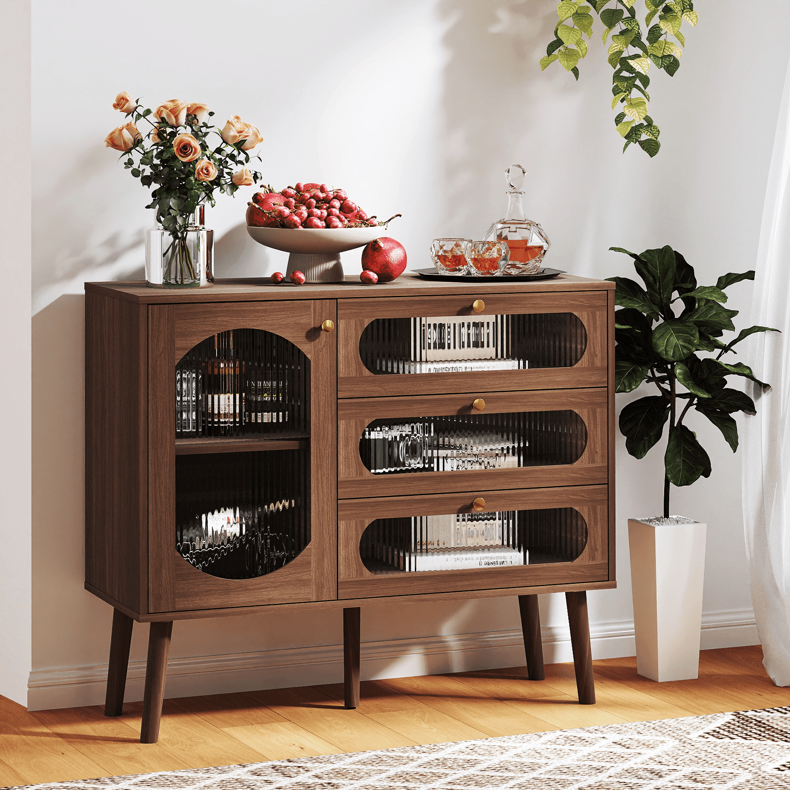 Flictozena Modern Walnut Buffet Cabinet with Fluted Glass Doors & 3 ...
