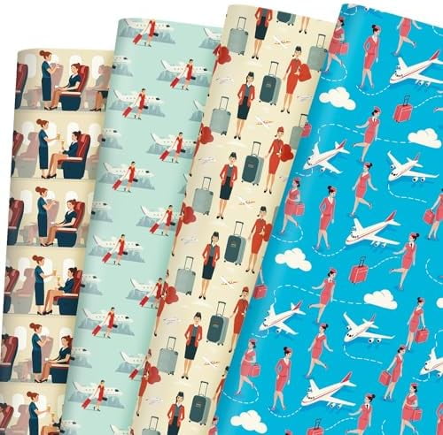 Flight Attendant Wrapping Paper 12 Sheets Airplane & Cabin Crew Designs ...