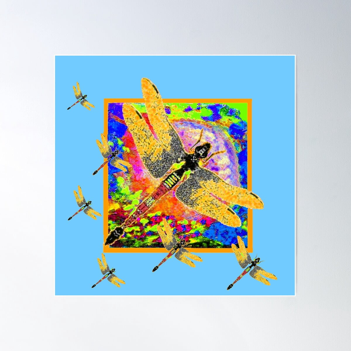 Flight Of Golden Dragonflies Modern Art Blue Abstract, Poster Wall Art ...