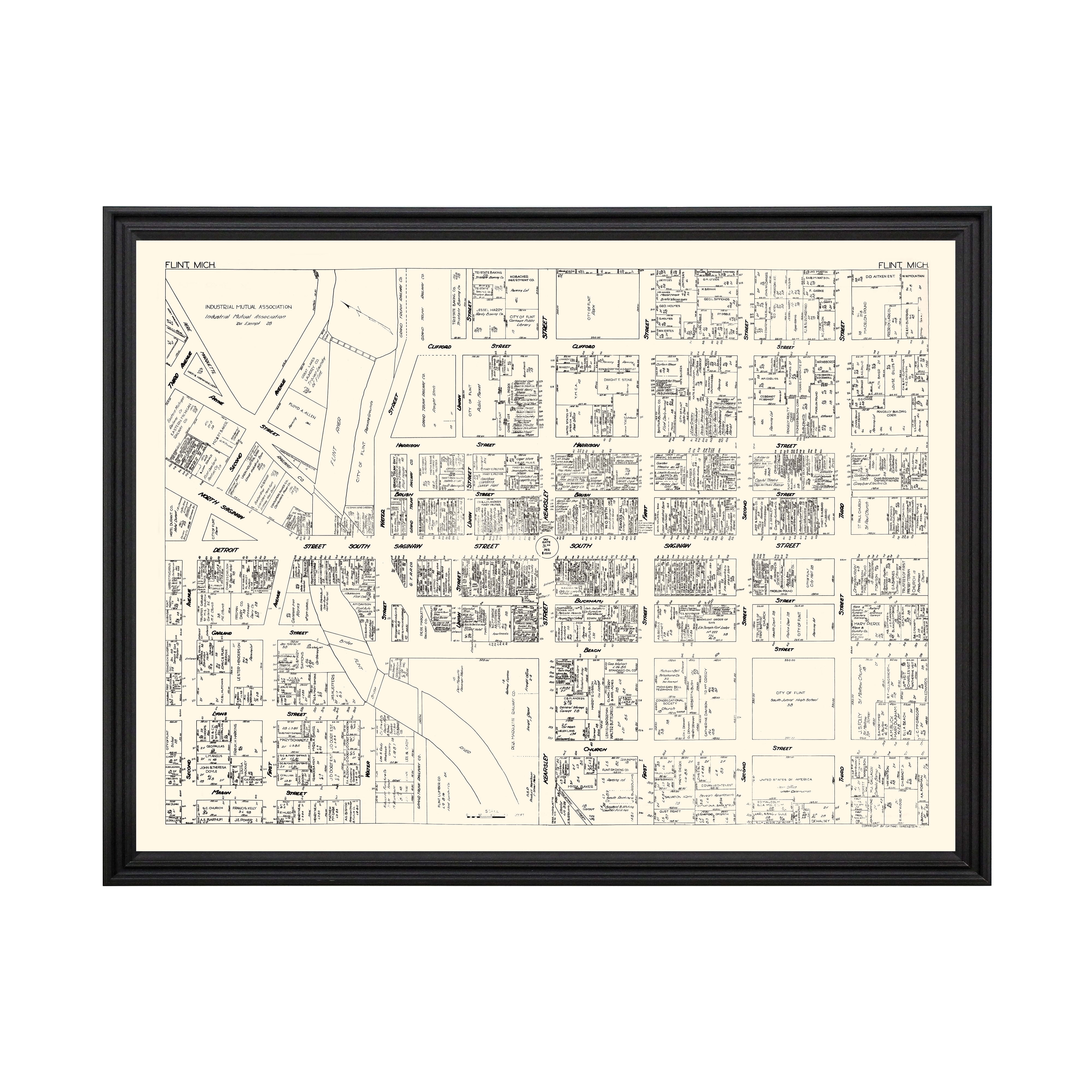 Flint Art, 1929 Vintage Map of Downtown Flint Michigan, MI History Wall ...
