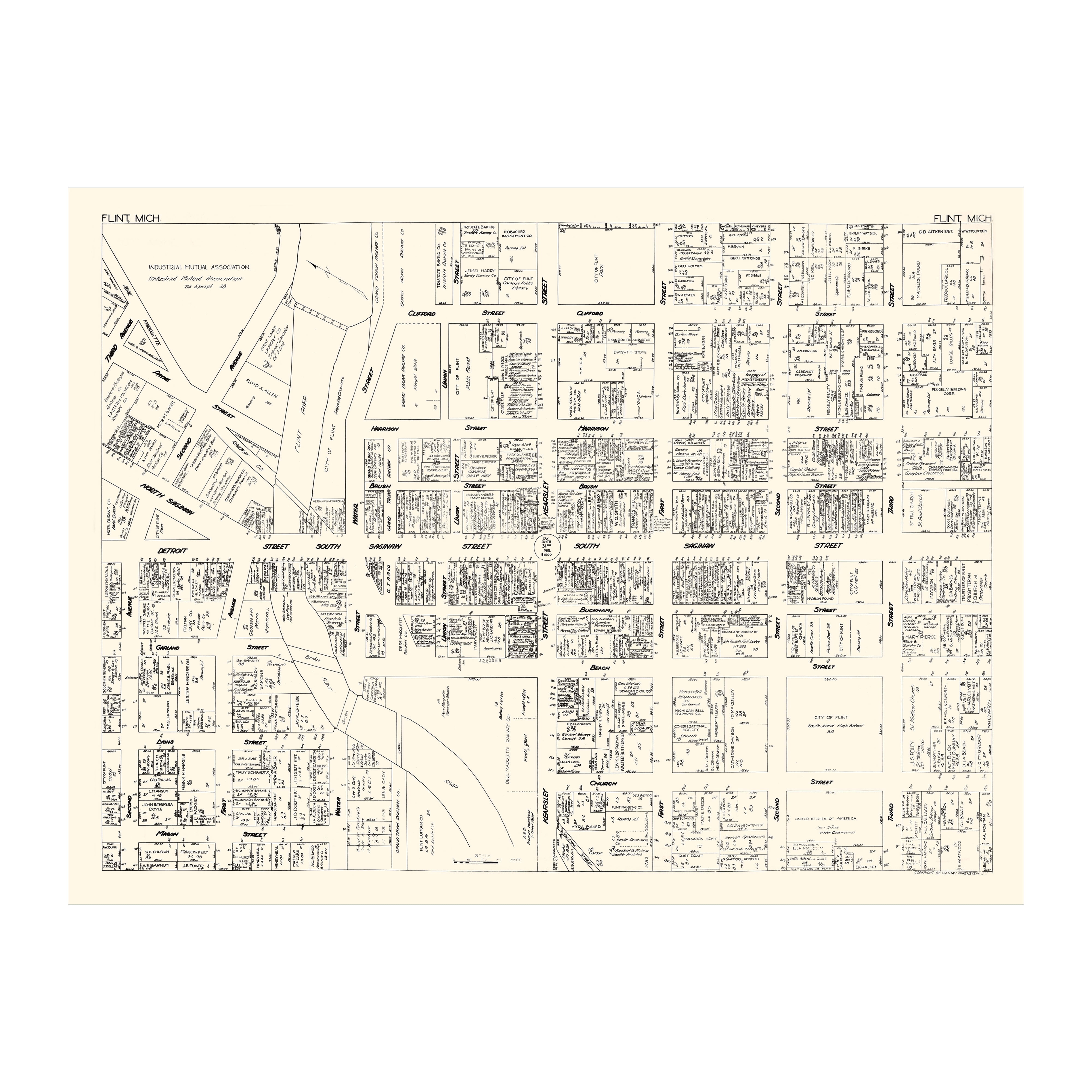 Flint Art, 1929 Vintage Map of Downtown Flint Michigan, MI History Wall ...