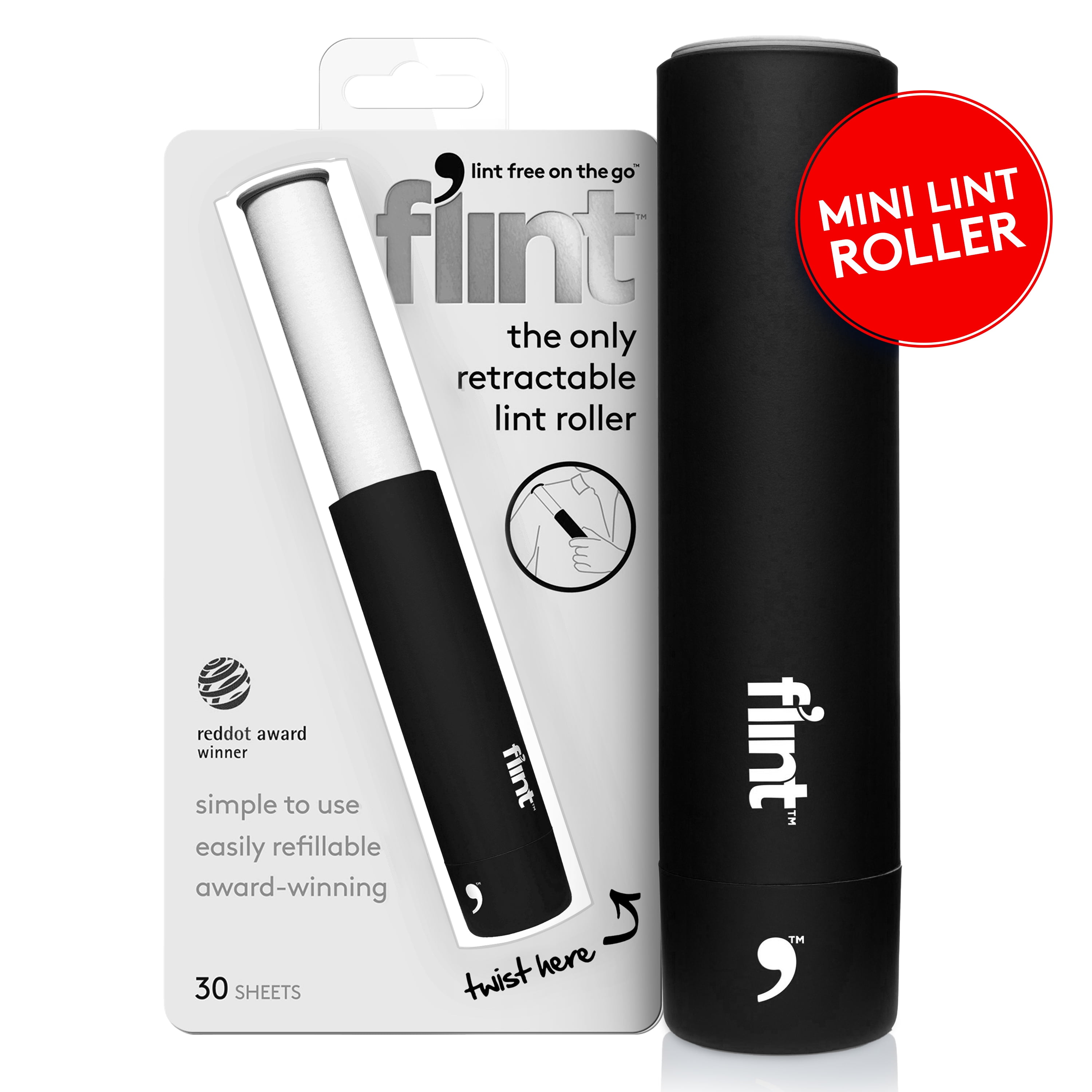 Flint Classic Black Retractable Mini Lint Roller with 30 Extra Sticky ...