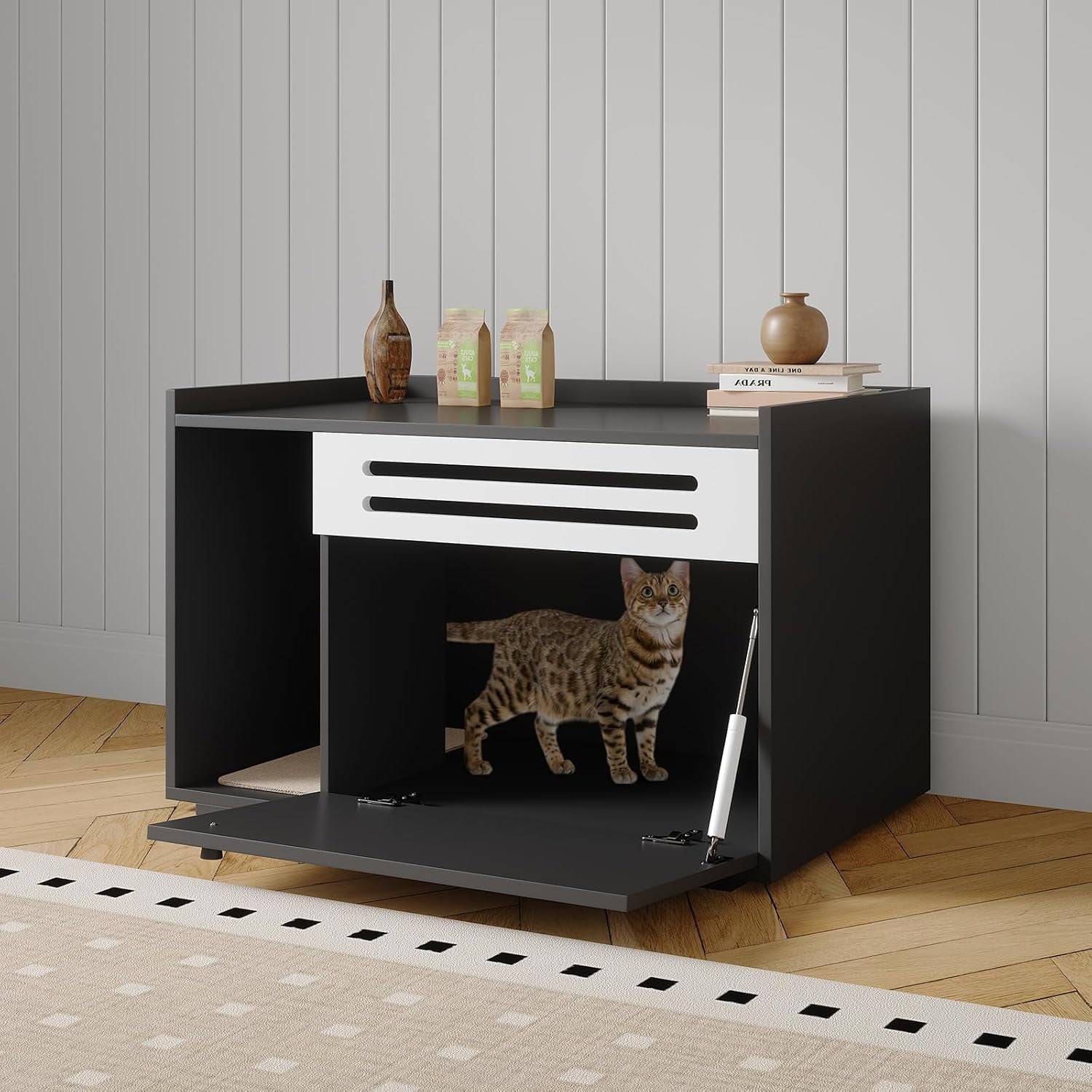 Flip-Down Cat Litter Box Enclosure, Ventilated Dog Proof Cabinet ...