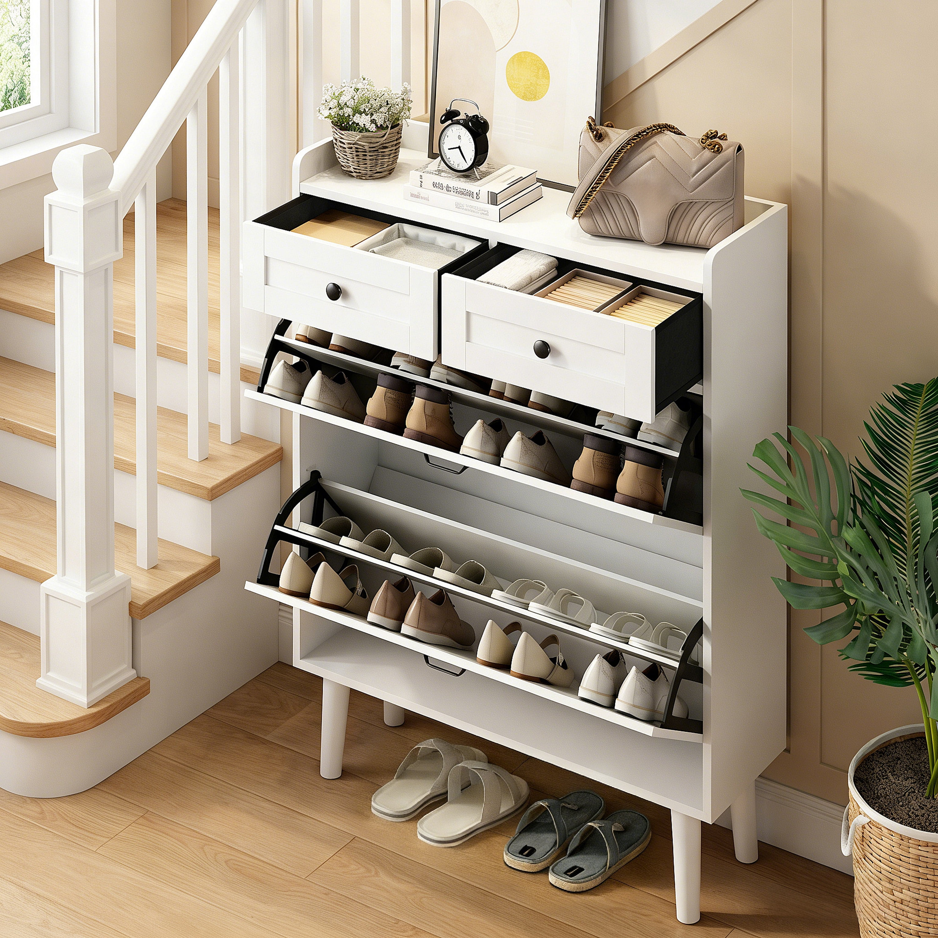 Flip-Down Shoe Storage Cabinet with 2 Drawers, White Entryway Organizer ...
