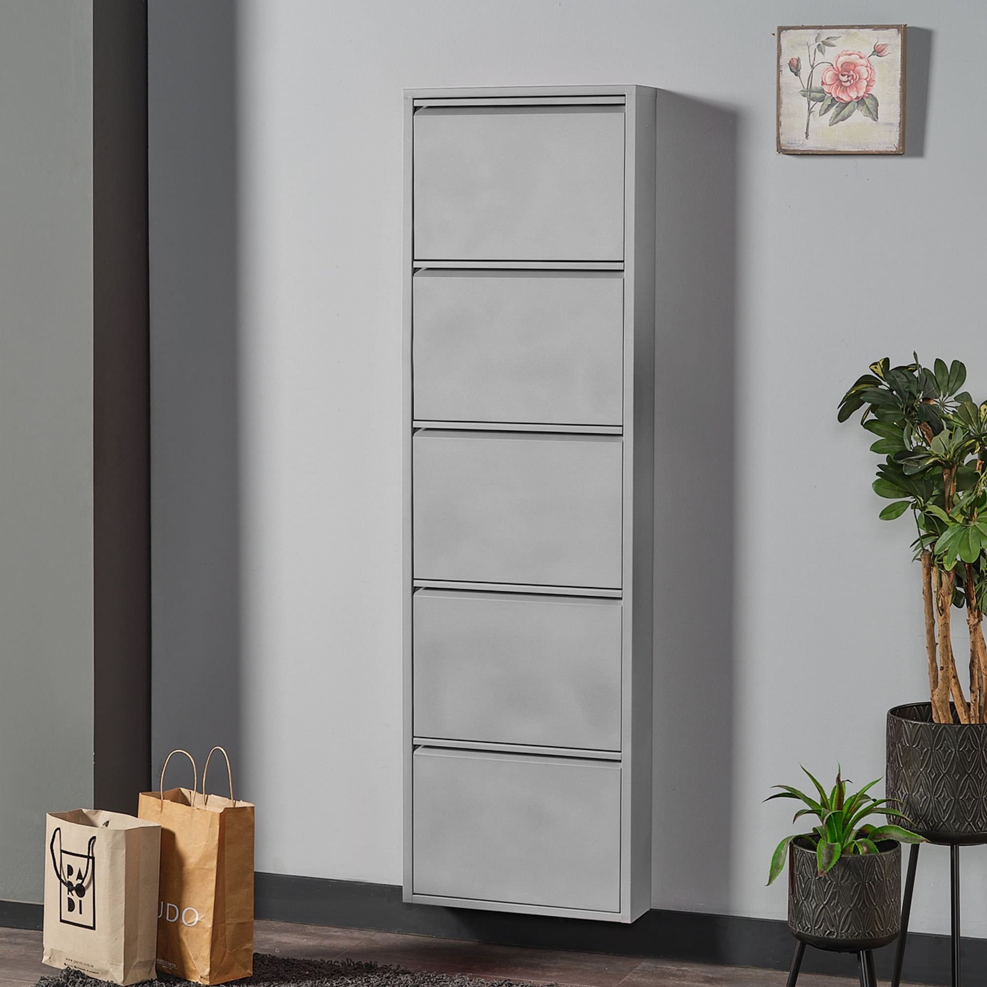 Flip Drawer Shoe Cabinet, Wall Mounted Organizer, No-Assembly (Grey, 5 ...