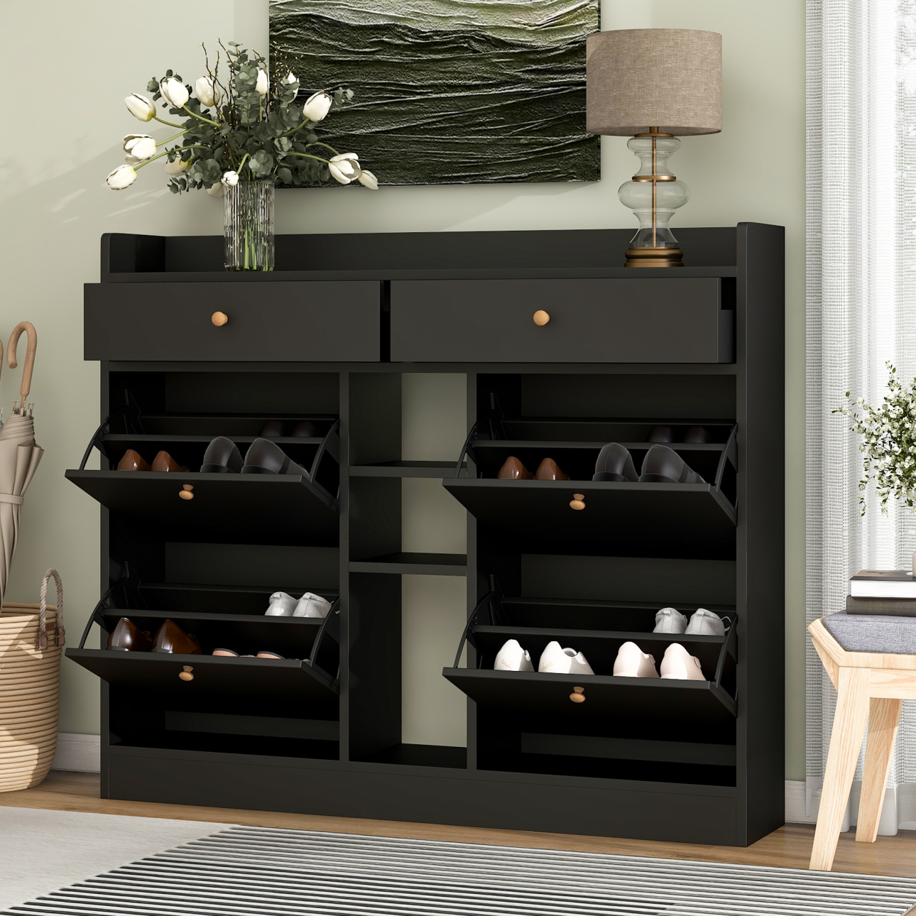 Flip-Drawer Shoe Cabinet with Adjustable Shelves–19-Pair Capacity ...