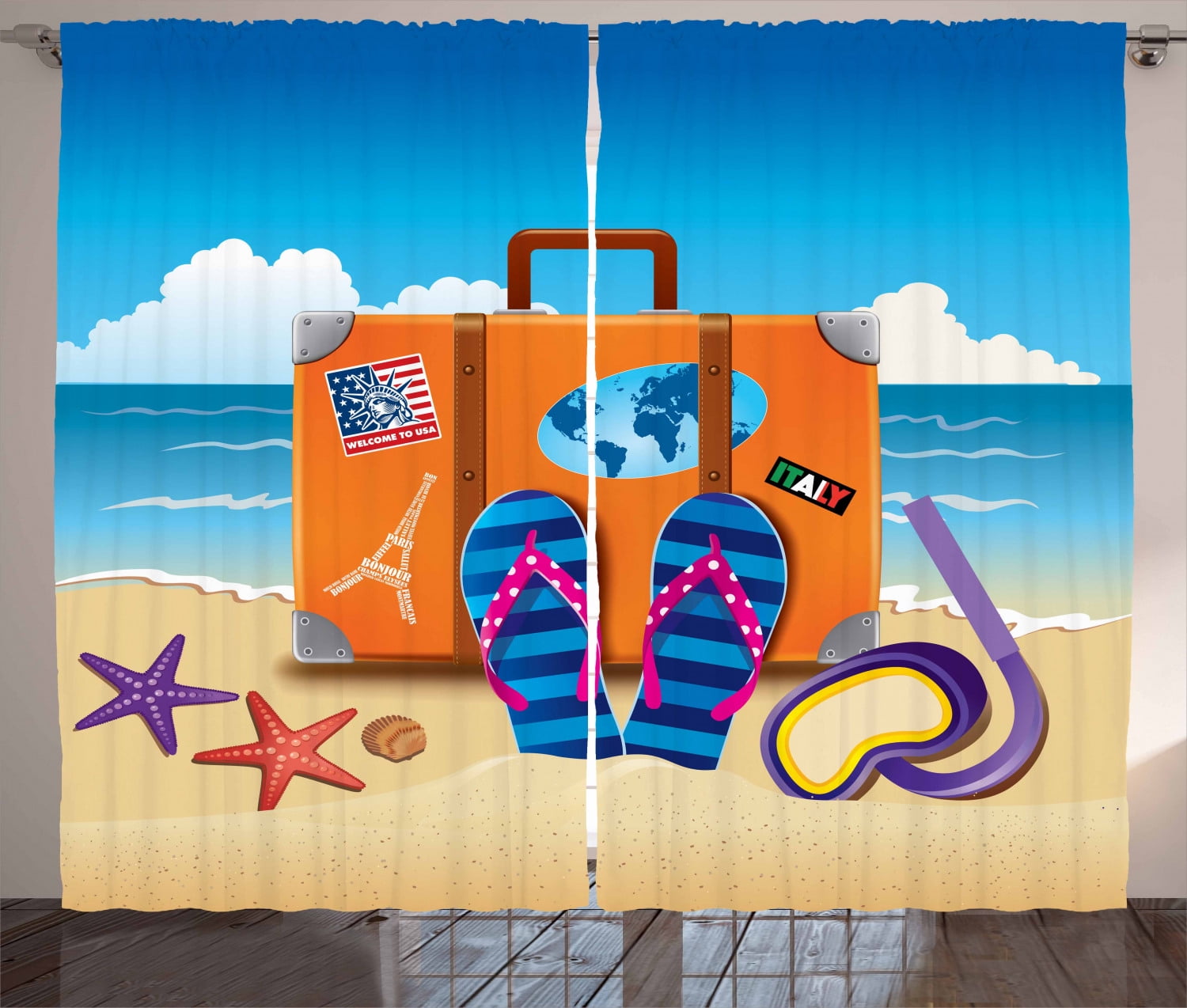 Ambesonne Flip Flop Curtains 2 Panel Set, 3D Travel Suitcase, 108" x 84 ...