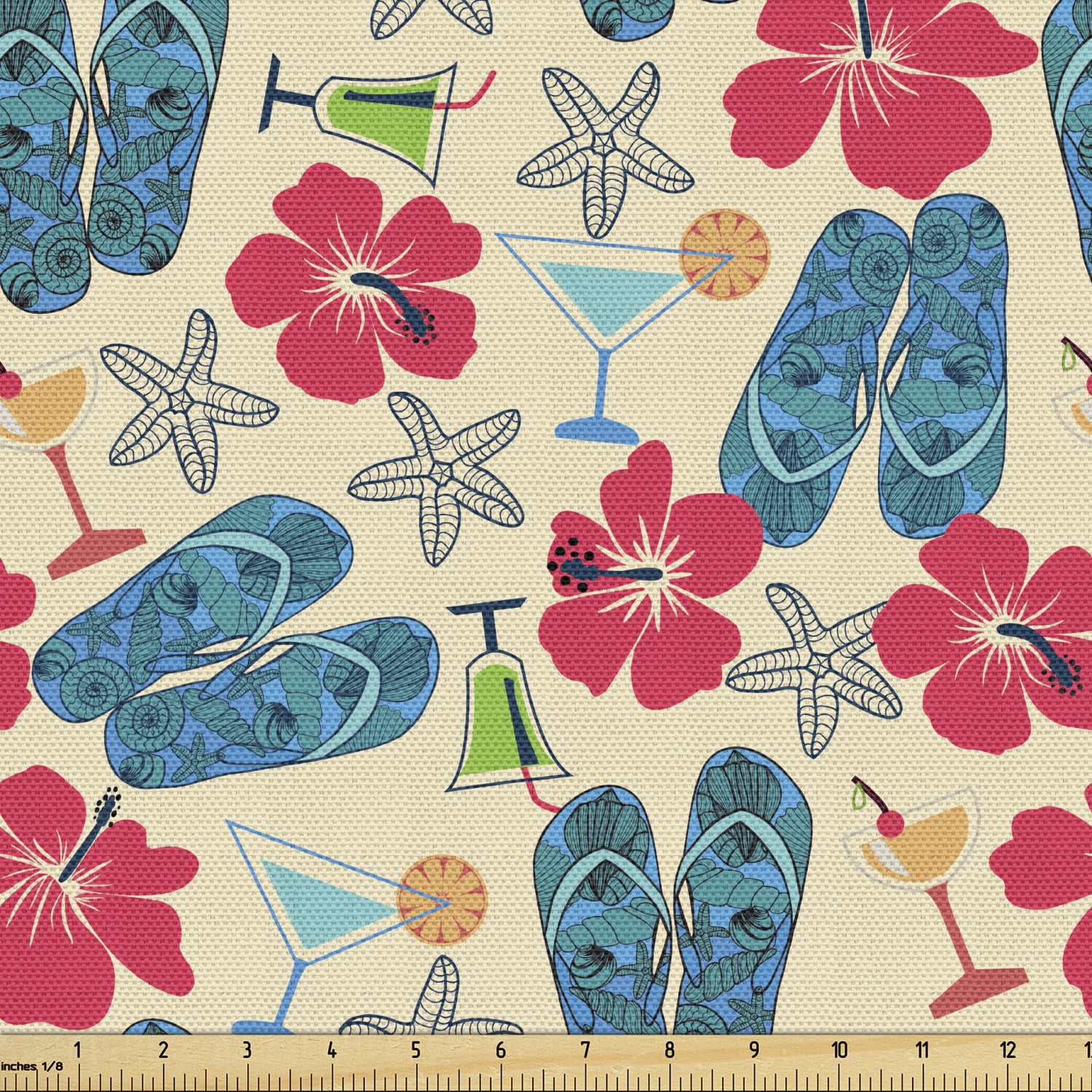 Flip Flop Fabric by the Yard, Exotic Summers Hibiscus Flower Starfishes ...