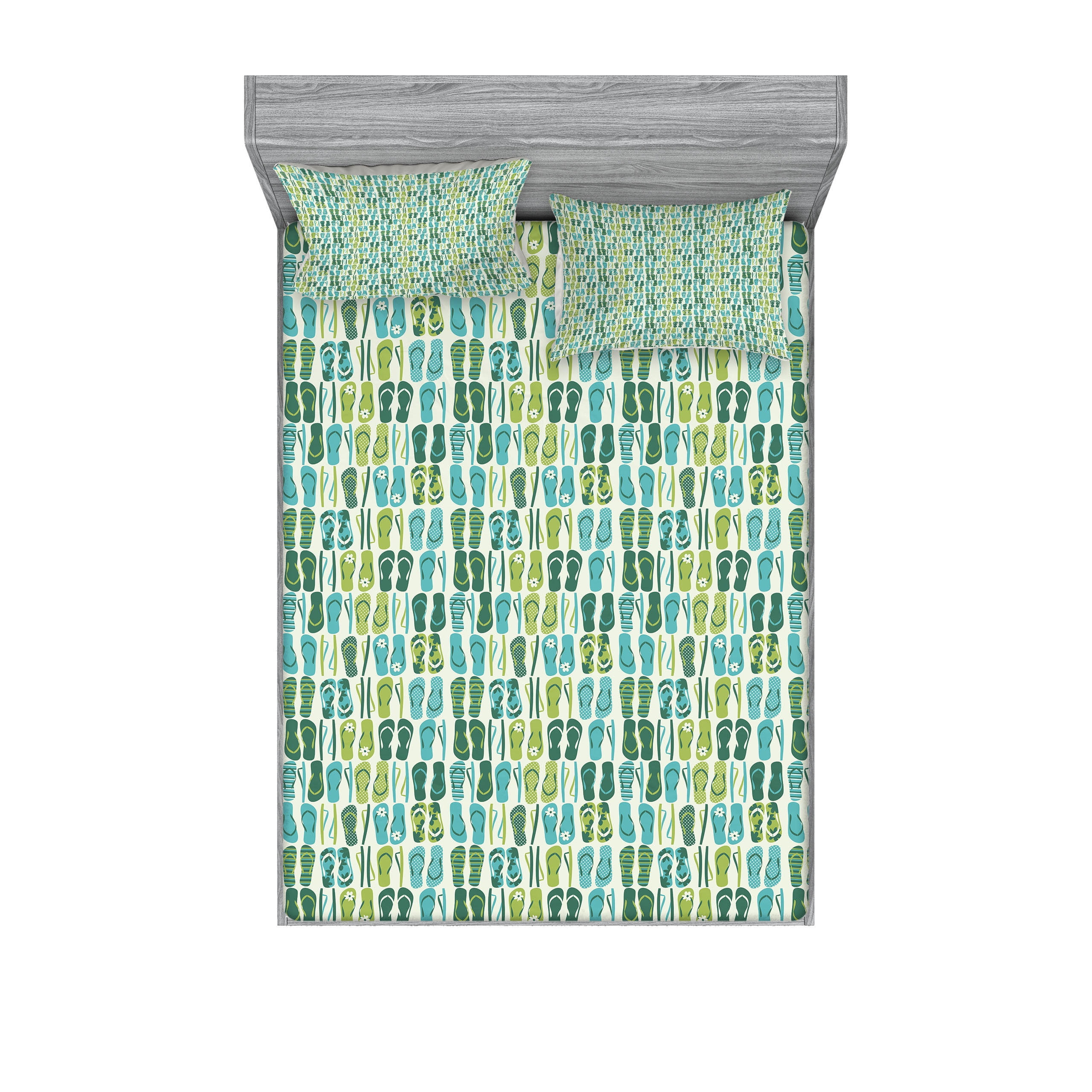 Flip Flop Fitted Sheet & Pillow Sham Set, Funky Beach Slippers Blended ...