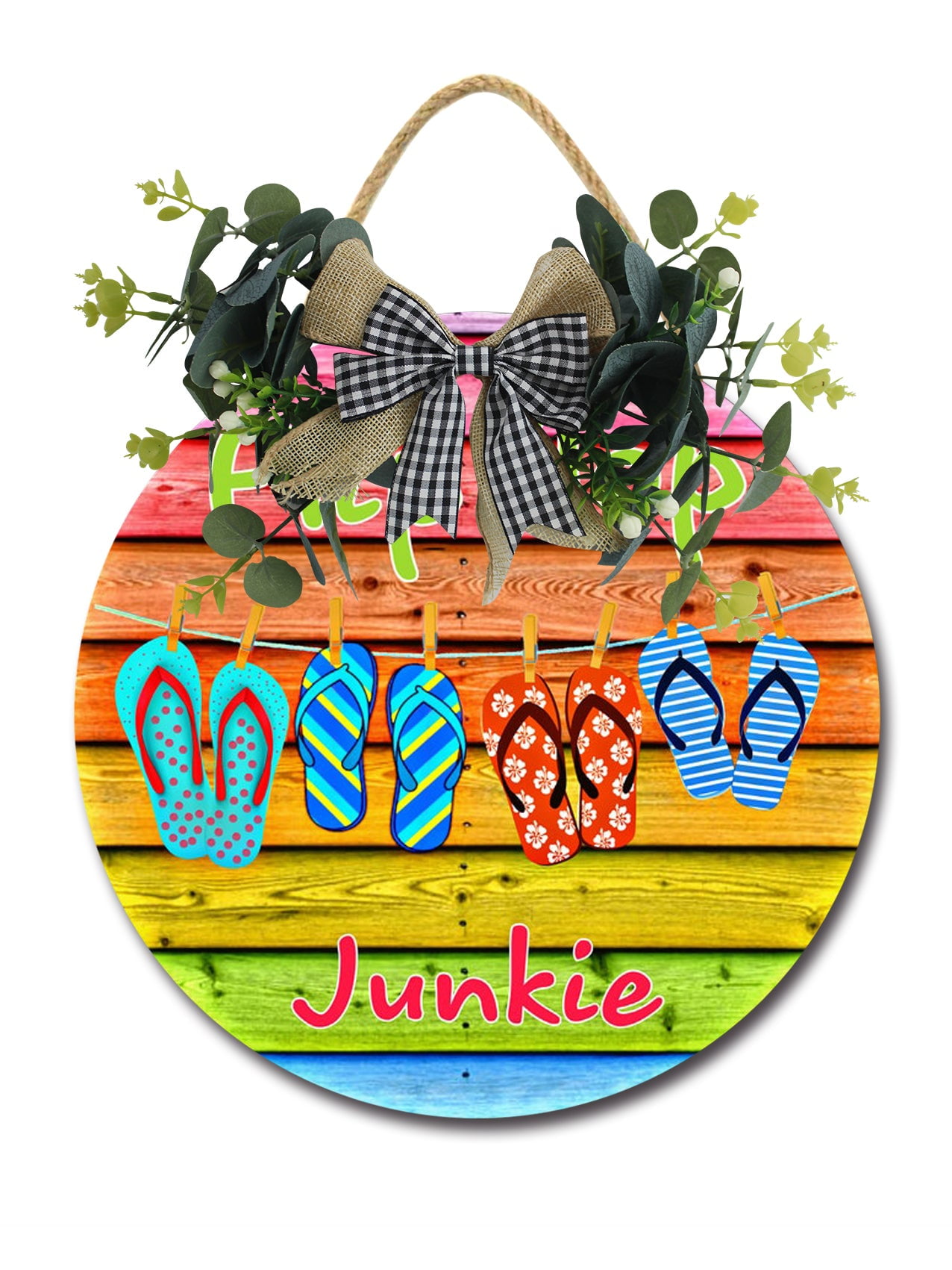 Flip Flop Junkie Sign Front Door Porch Decorations, Round Rustic Wood ...