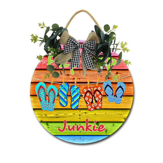 Flip Flop Junkie Sign Front Door Porch Decorations, Round Rustic Wood ...