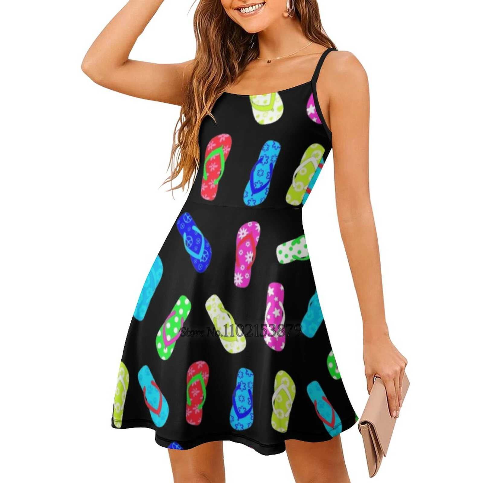 Flip Flop Pattern Colorful Black Back Lacing Backless Dress Square Neck ...