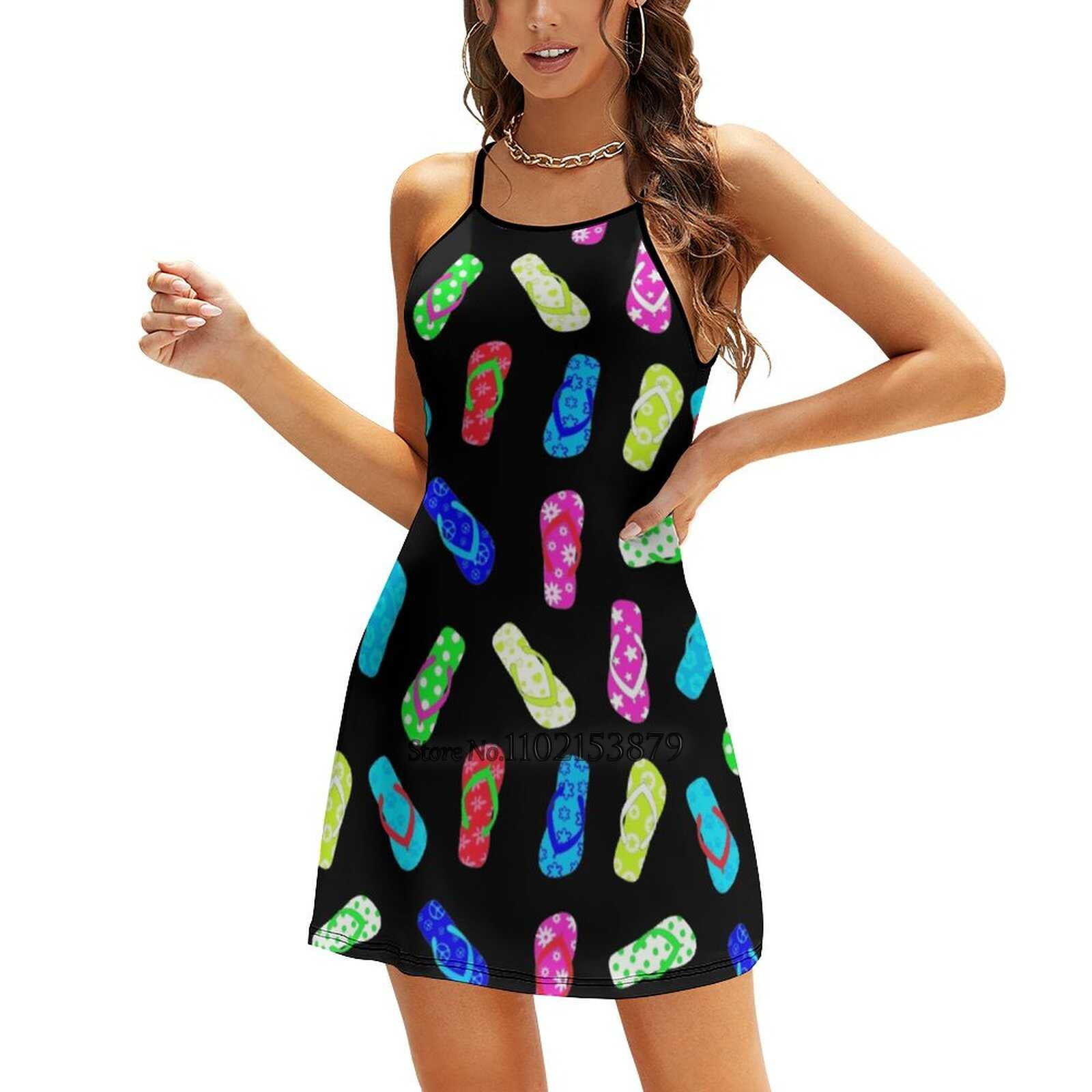 Flip Flop Pattern Colorful Black Back Lacing Backless Dress Square Neck ...