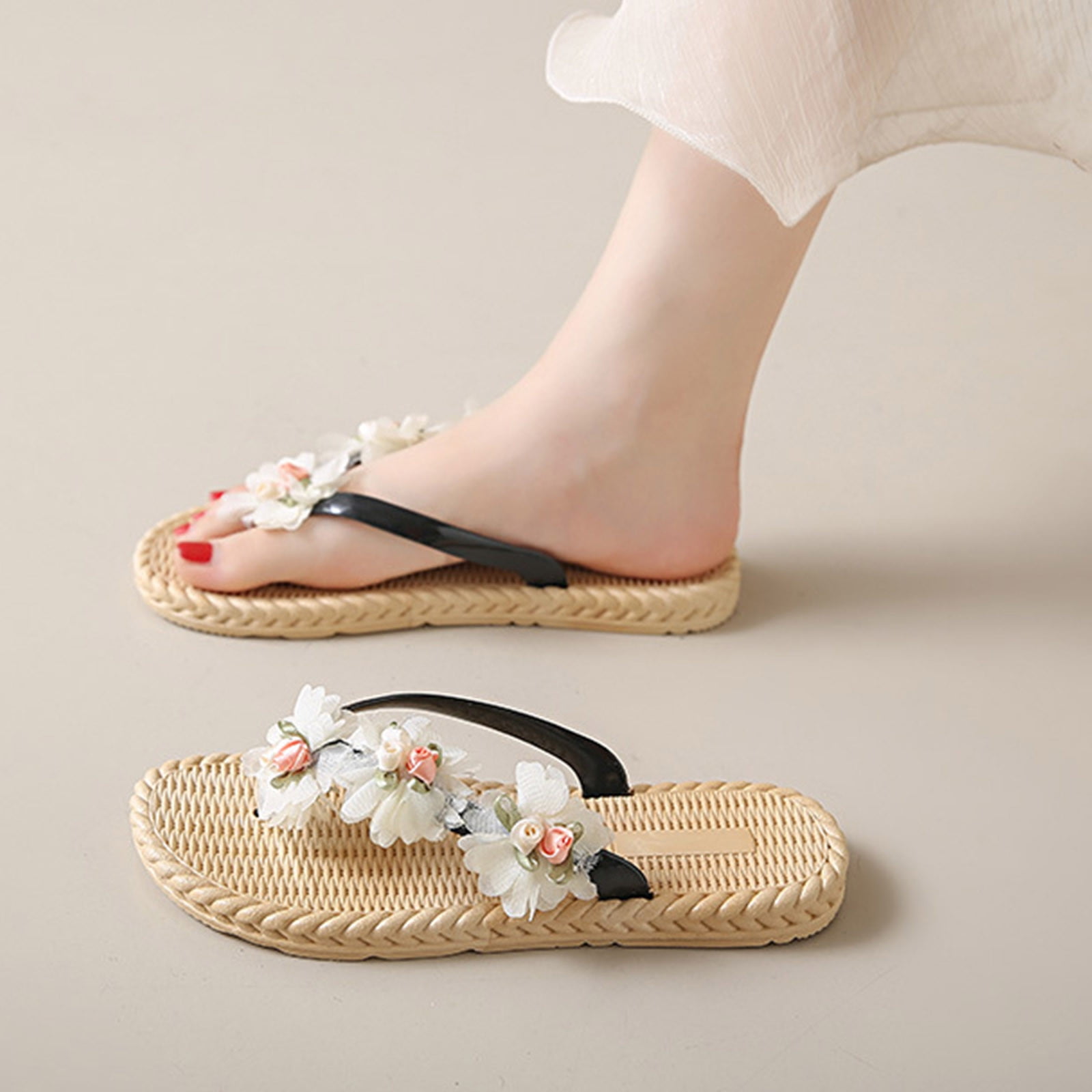 Flip Flop for Women Summer Flower Boho Slides Slip on Flat Sandals for ...