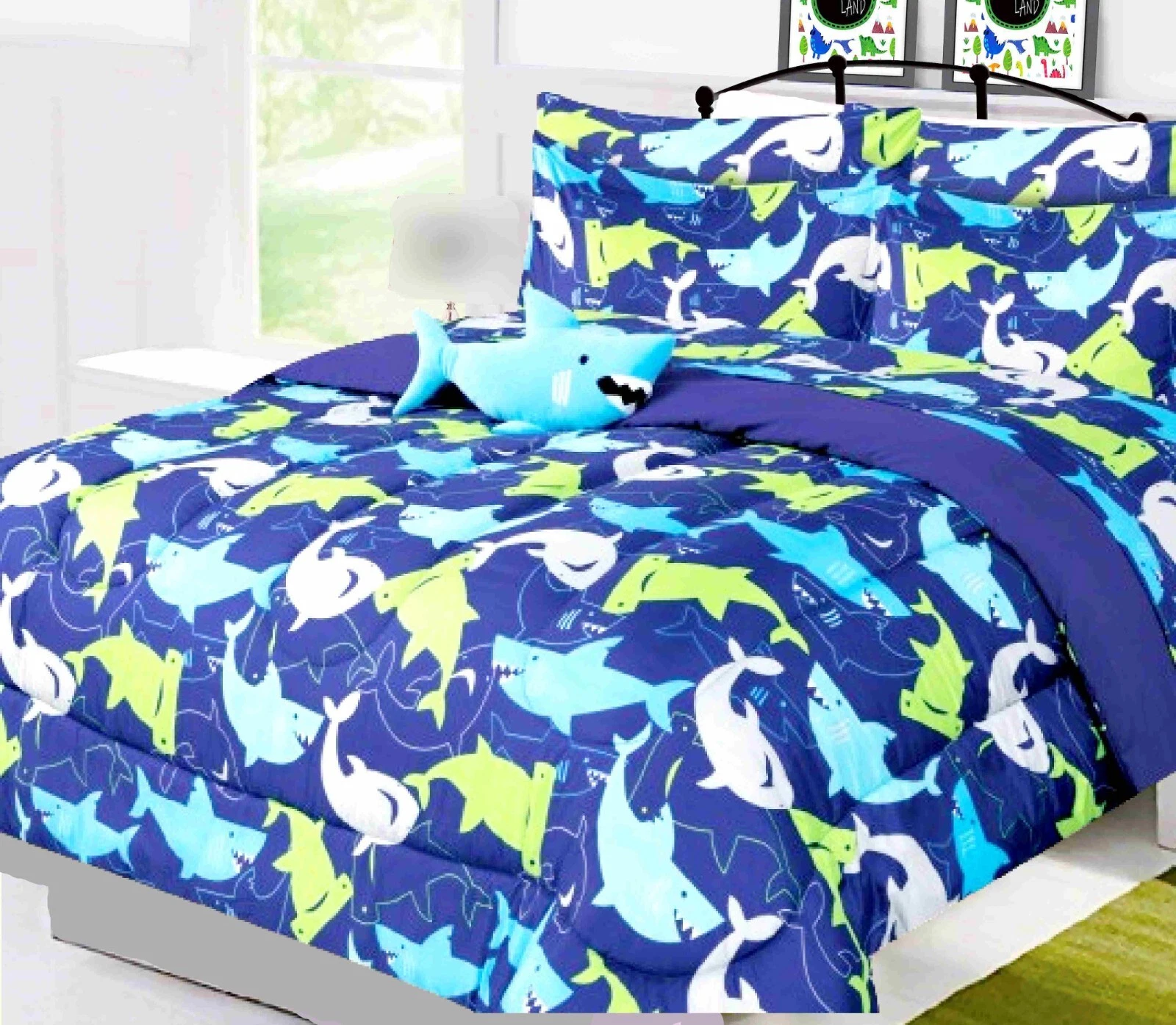 Flip & Snuggle Reversible 8-Piece Full Size Shark Blue Bedding Set with ...