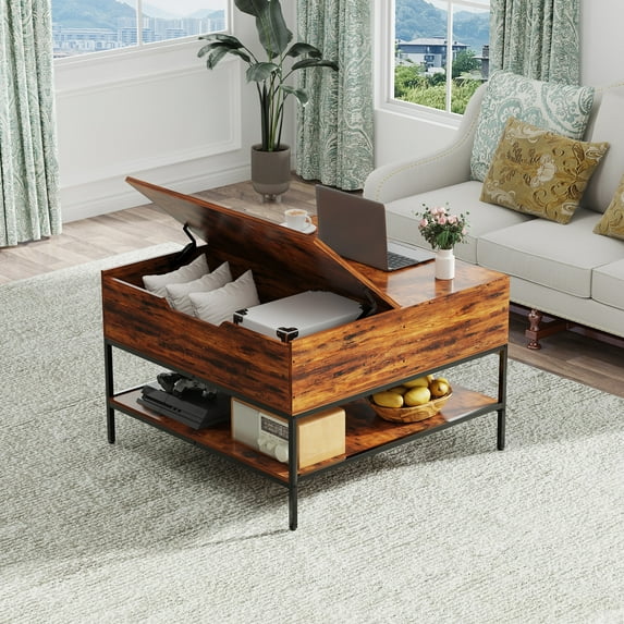 Flip-Top Coffee Table with Storage - Dark Walnut & Black Metal - 31.5 ...